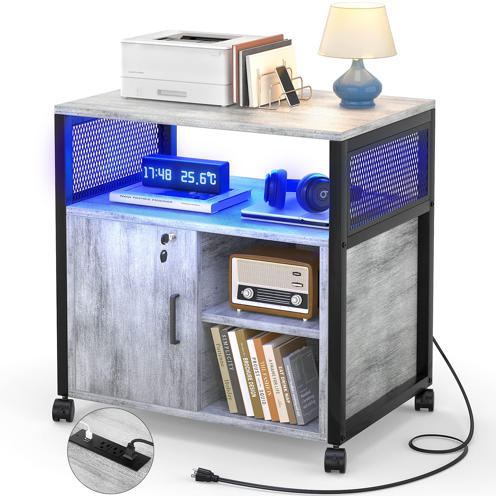 Unikito File Cabinet with LED Lights, Lateral Filing Cabinet with Power Outlets and USB Charging Ports, Printer Stand with Storage, Office Cabinet for Letter, A4, Legal and File Folders, Light Walnut