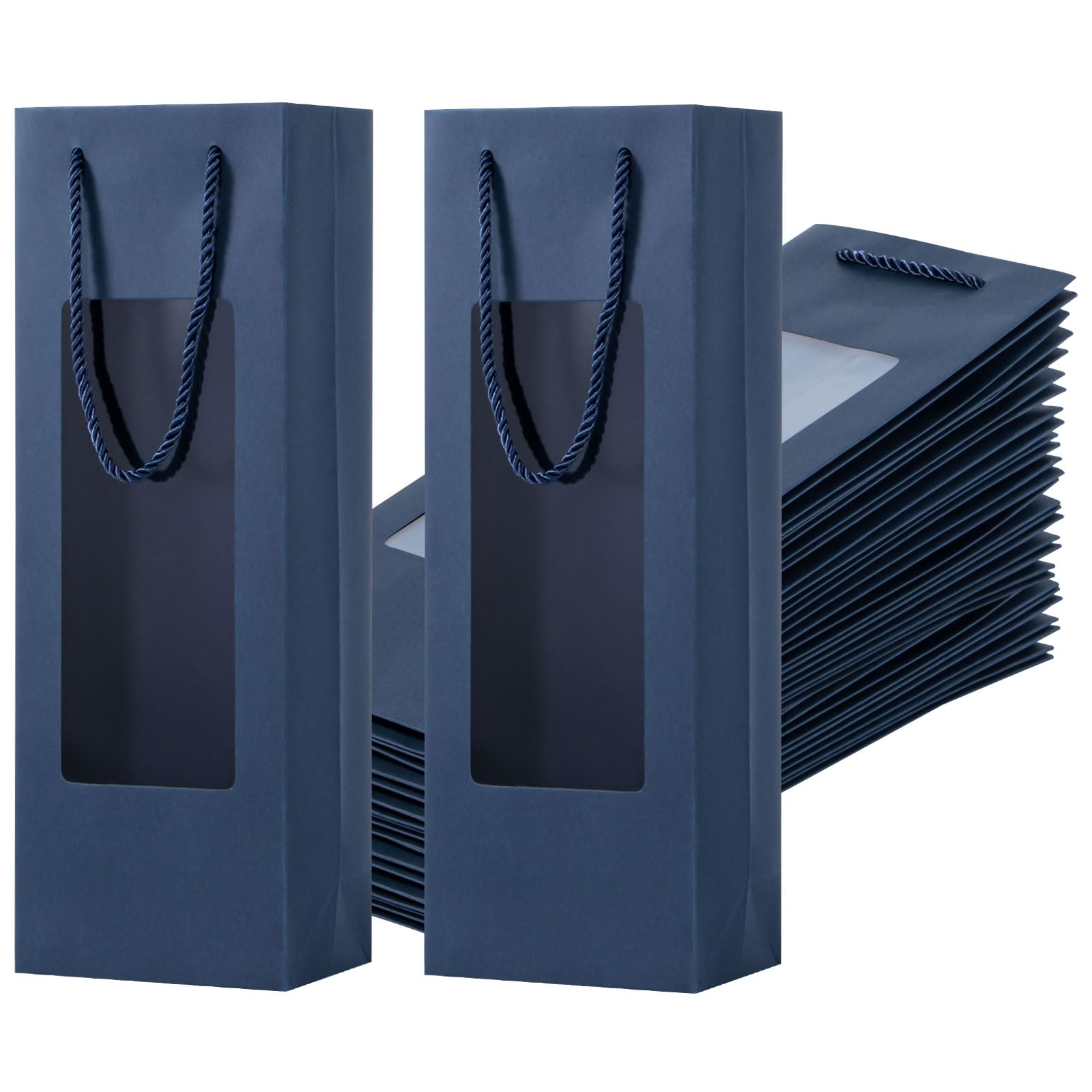 Umoonfine Wine Gift Bags,36 Pack 5 x 14 x 3 Inches Navy Blue Wine Gift Bags Kraft Paper with Rope Handles and Clear Windows for Wine BottleďźWedding, Birthday, Christmas, Travel,Party