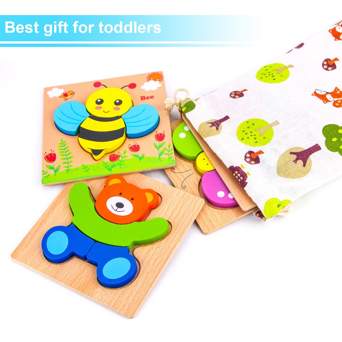 SKYFIELD Wooden Animal Puzzles for Toddlers 1 2 3 Years Old, Boys & Girls Educational Toys Gift with 4 Animal Patterns, Bright Vibrant Color Shapes, Customize Gift Box Ready