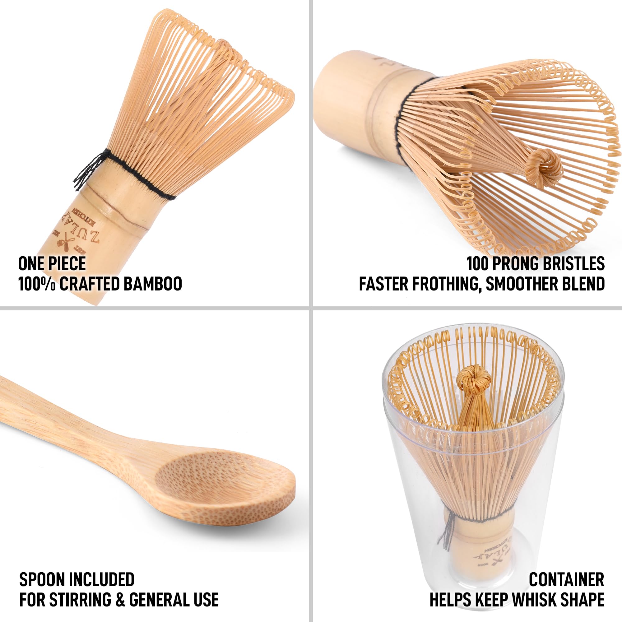 Zulay Traditional Matcha Whisk & Spoon - 100 Prong Matcha Bamboo Whisk For Ceremonial Tea Preparation - Authentic Japanese Bamboo Whisk For Matcha Tea - Matcha Tea Whisk for The Perfect Matcha