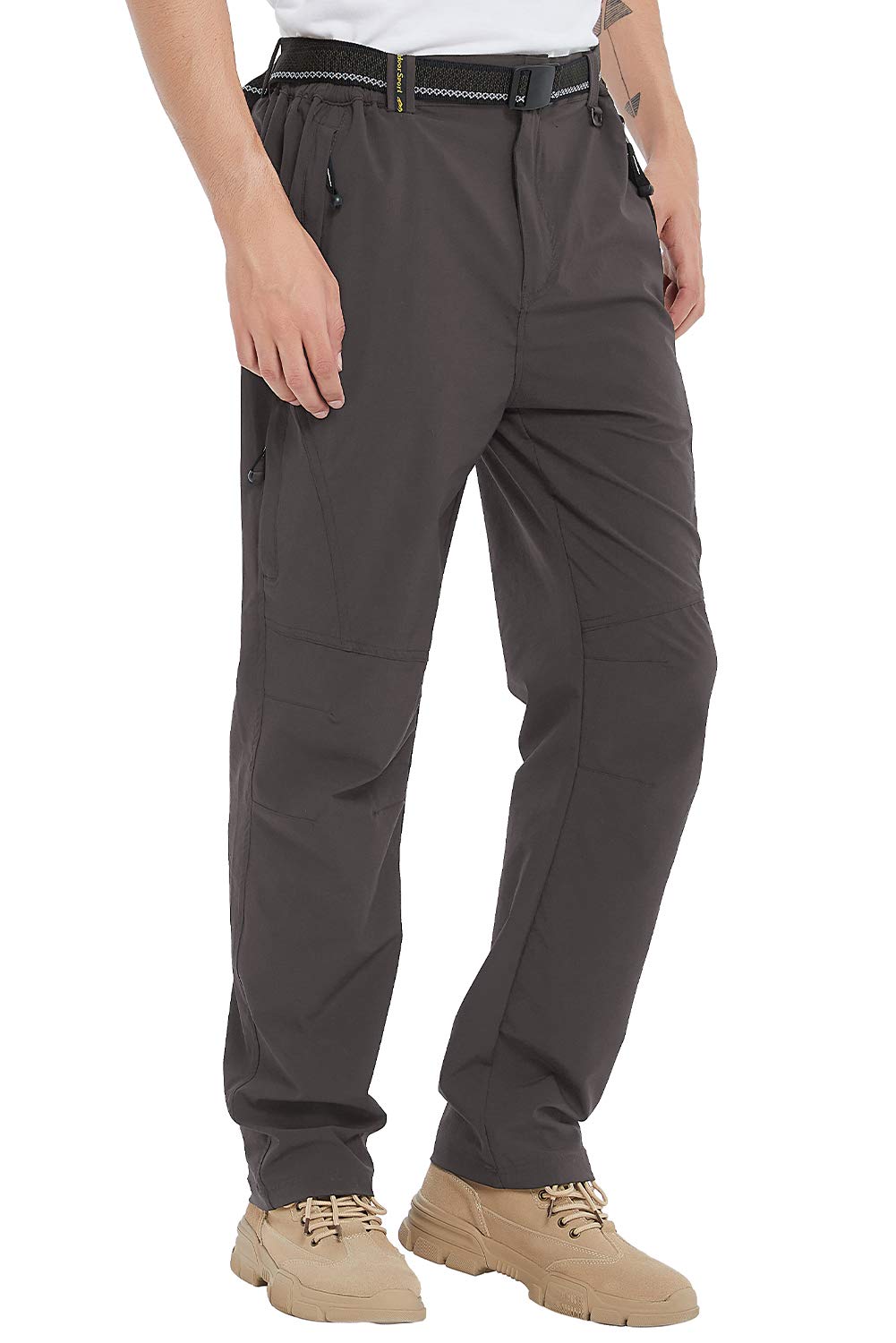 TBMPOY Men's Lightweight Hiking Pants with Belt 5 Zip Pockets Waterproof Quick-Dry Travel Fishing Work Outdoor Pants Thin Brown M