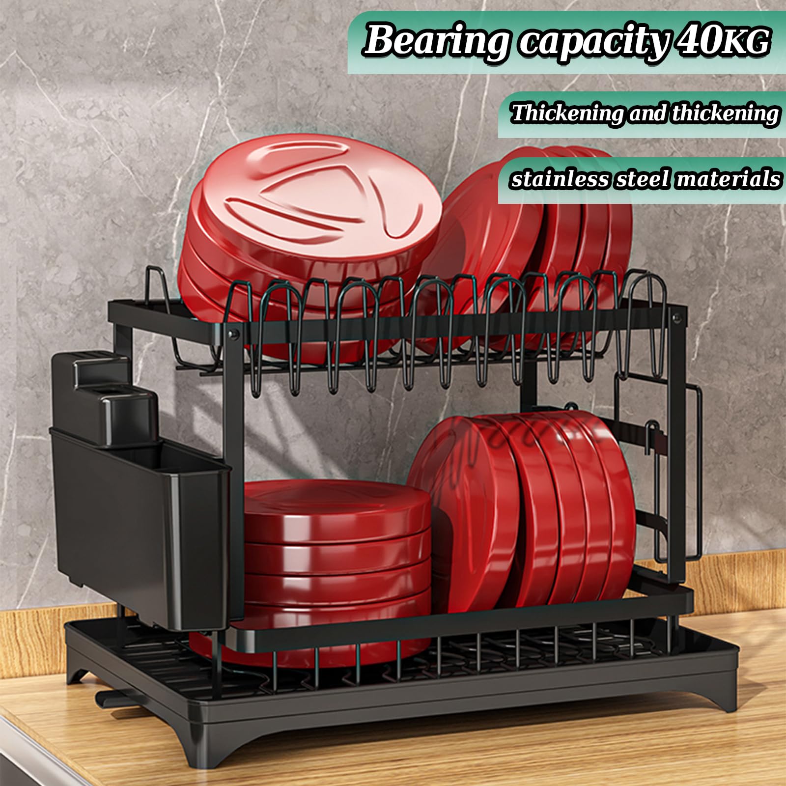ZHIDENGWJ Stainless Steel Dish Drying Rack with Drainboard Set,2 Tier Large Dish Racks for Kitchen Counter, Detachable 2-in-1 Large Black Capacity Dish Drainer Organizer for Kitchen Counter