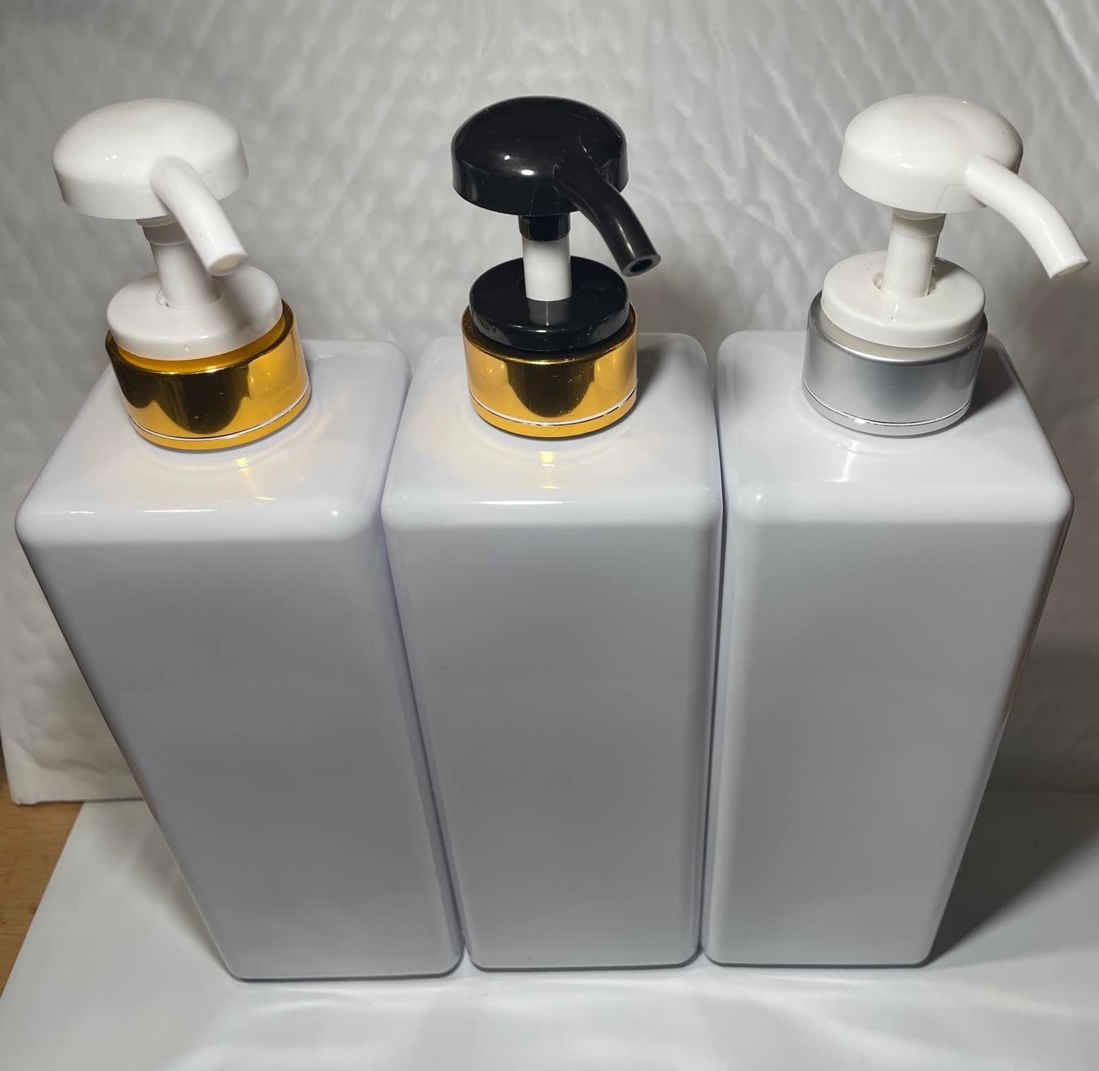 White Opaque Bottle with Gold White Head Empty Plastic Pump Bottles Square Shampoo Bottle Conditioner Soap Lotion Refillable, BPA Free for Body Wash, Moisturizer, Liquid Hand Soap, Set of 3
