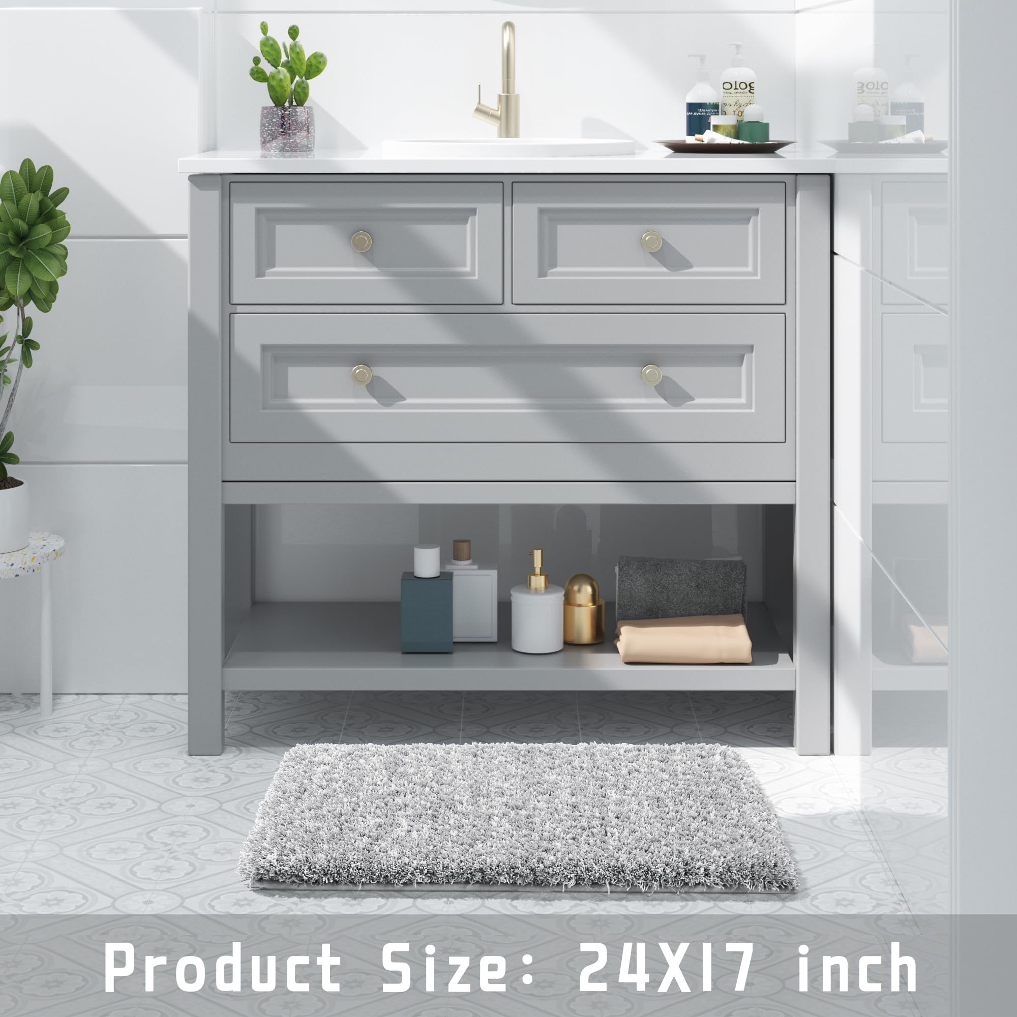 Yimobra Luxury Bathroom Rugs, Fluffy Bath Mats, Non Slip, Water Absorbent Microfiber, Machine Washable, Shaggy Plush Soft Shower Rugs, Thick Matts for Bathroom Floor & Sink, Light Gray and White