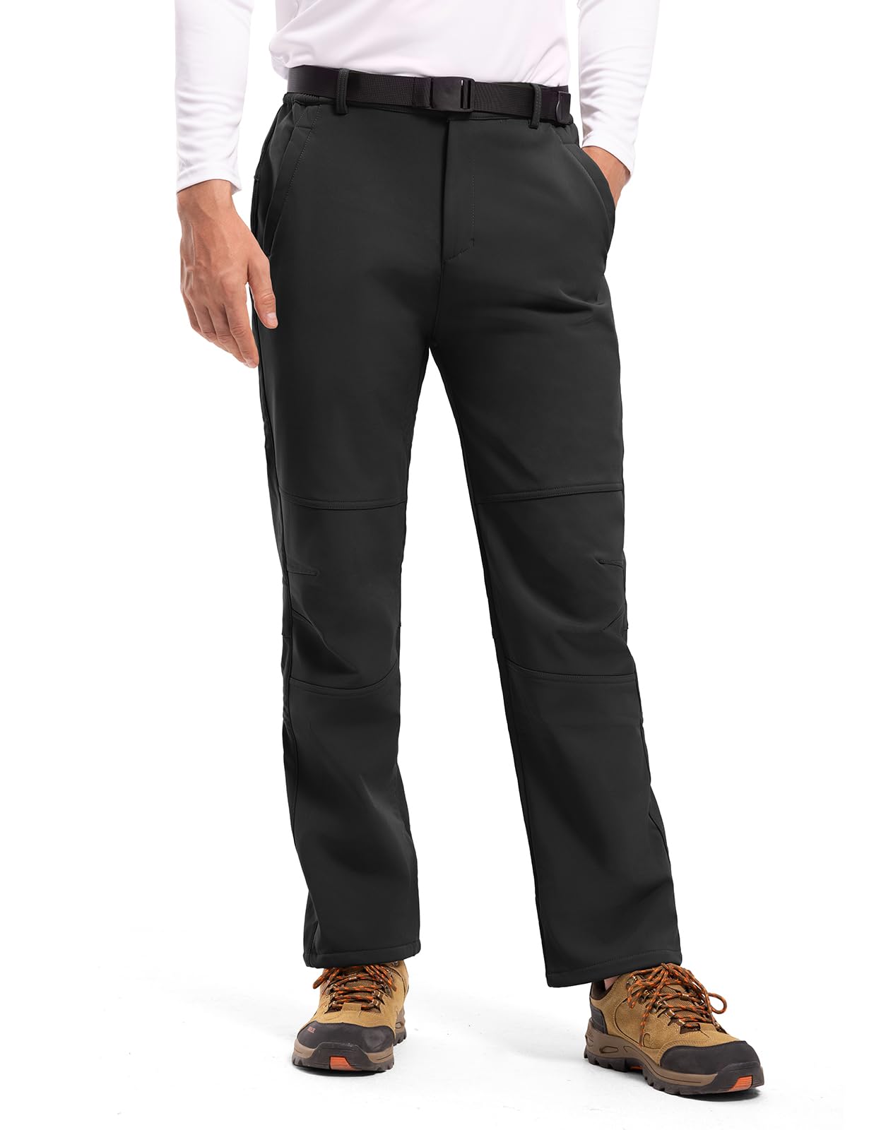 TBMPOY Men's Snow Ski Hiking Pants Waterproof Winter Fleece Lined Pants Camping Skiing Ice Fishing Pants with Belt 01 Thick Black L