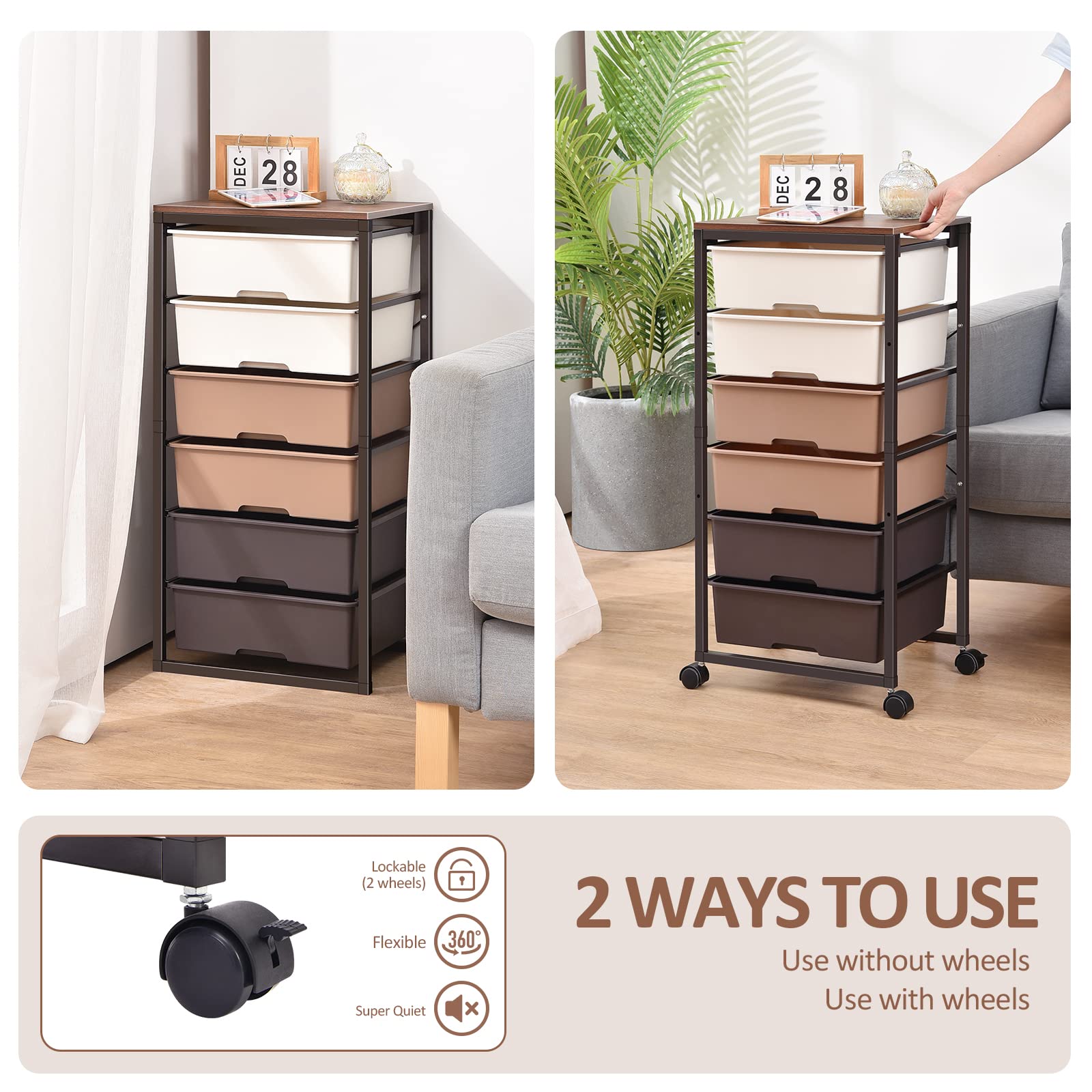 TOOLF Rolling Storage Cart with 6 Drawers,Utility Cart with Drawers and Wooden Tabletop,Storage Dresser for Bedroom,Tall Nightstand for Dorm with Large Capacity,Brown