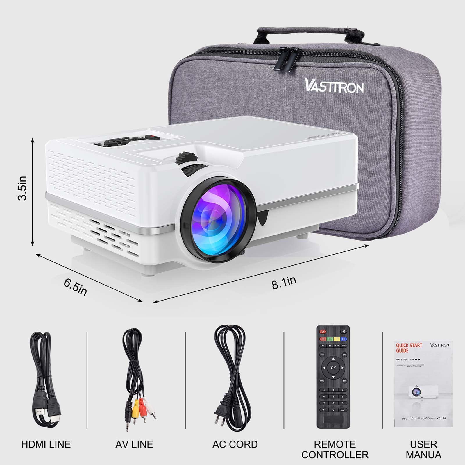 Vasttron Mini Projector,Portable Movie Projector,Small Multimedia Home Theater Video Projector,Compatible with Full HD 1080P HDMI,VGA,USB,AV,TV Box,DVD,Laptop,Smartphone,PS4