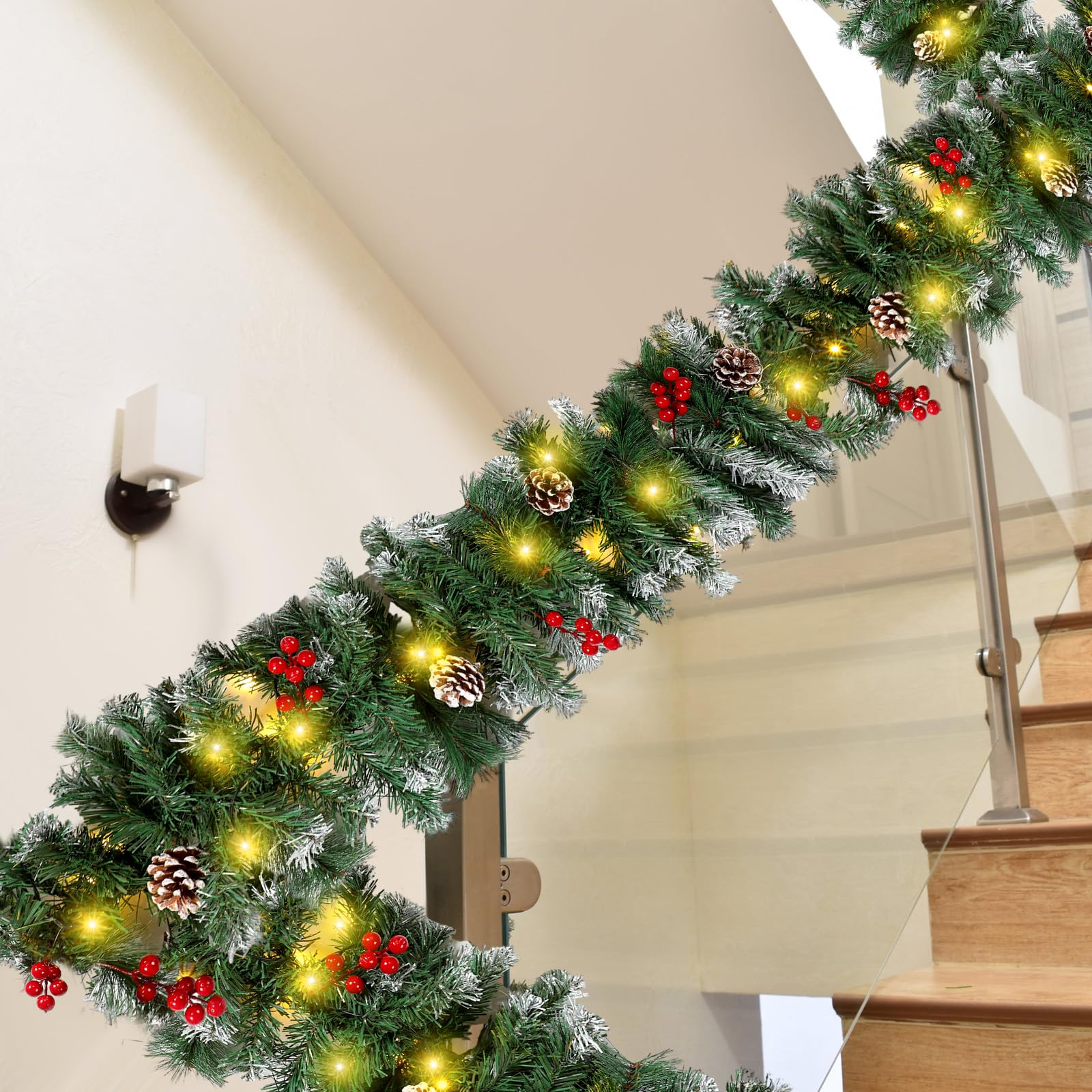 Yingzhao Christmas Wreath Decoration Kit - Includes 18ft Garland Lights, 16'' Wreath, 20 LED Lights, Mental Hanger, 2 Red Bows
