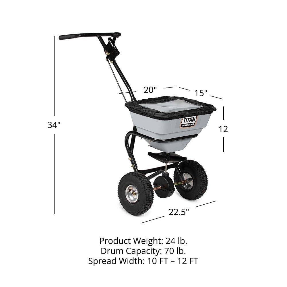 Titan Attachments 70 LB Professional Fertilizer Push Broadcast Spreader, Spreads 10 to 12 FT, Lawn Care and Ice Melter, Yard Tool