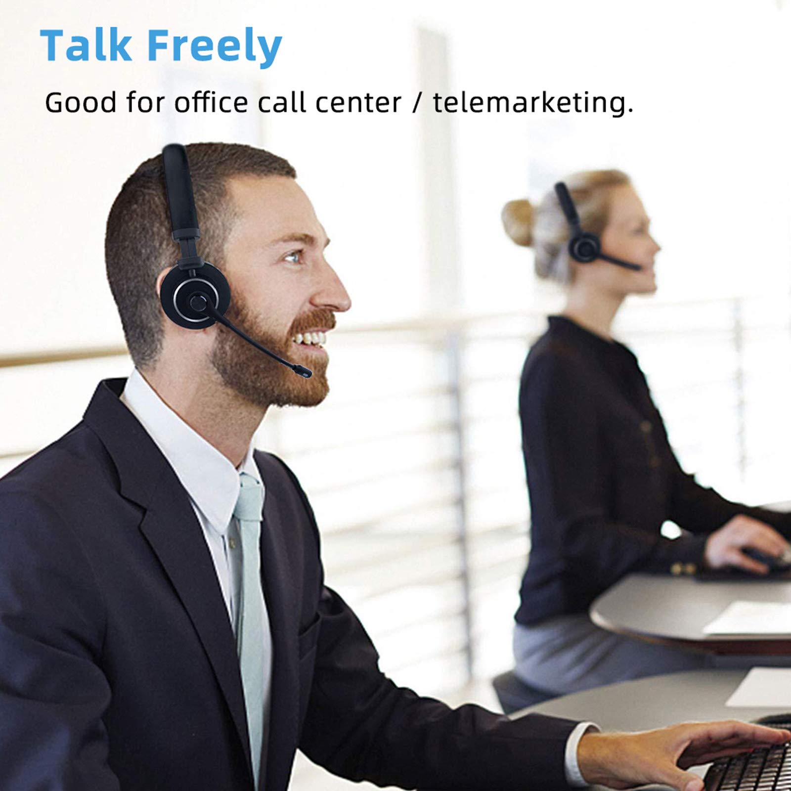 Yezonic Bluetooth Headset with Noise Canceling Microphone V5.0, Truck Wireless Headset with Mic Mute, 24hrs Clear Talk Time Comfort for Car Driver Office Business Call Center Home Work Cell Phone PC