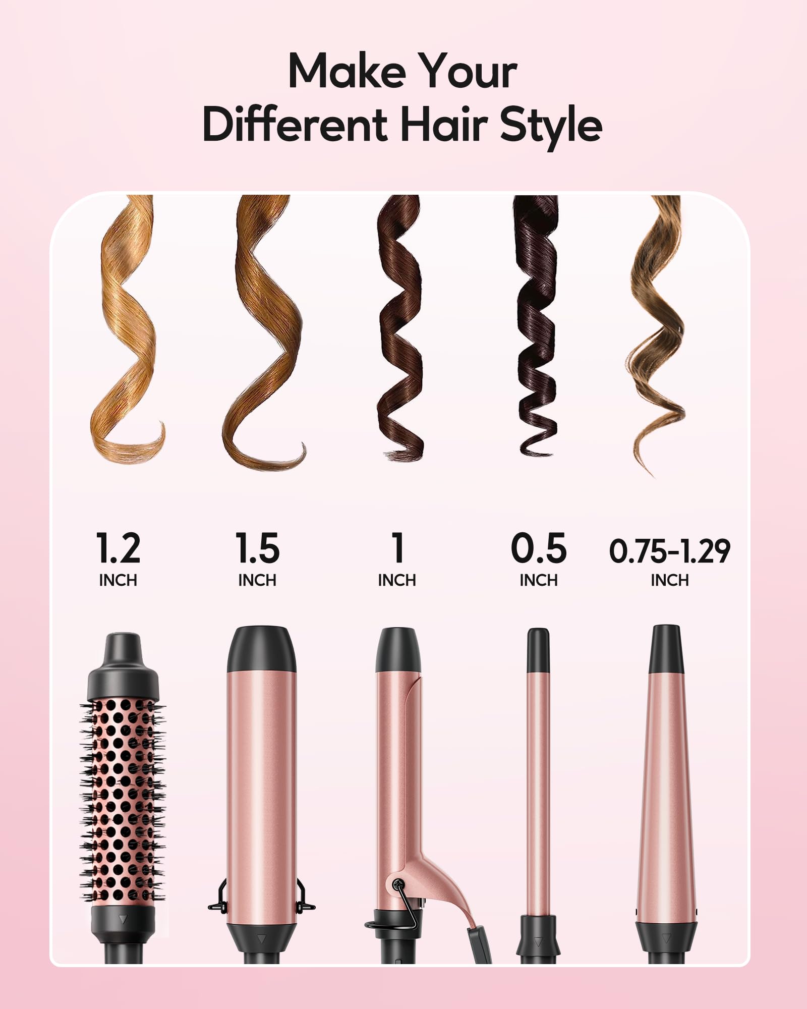 Wavytalk 5 in 1 Curling Iron,Curling Wand Set with Thermal Brush and 4 Interchangeable Ceramic Curling Wand(0.5β-1.5"),Instant Heat Up Wand Curler, Dual Voltage Curling Iron