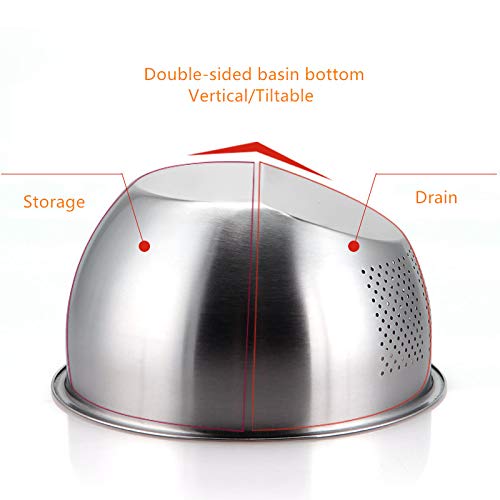 YUDONG Stainless Steel Rice Washing Bowl,With Side Drainer Stainless Steel Large Capacity Fruit Vegetables Practical Washing Bowl Kitchen Supplies Rice Sieve Durable