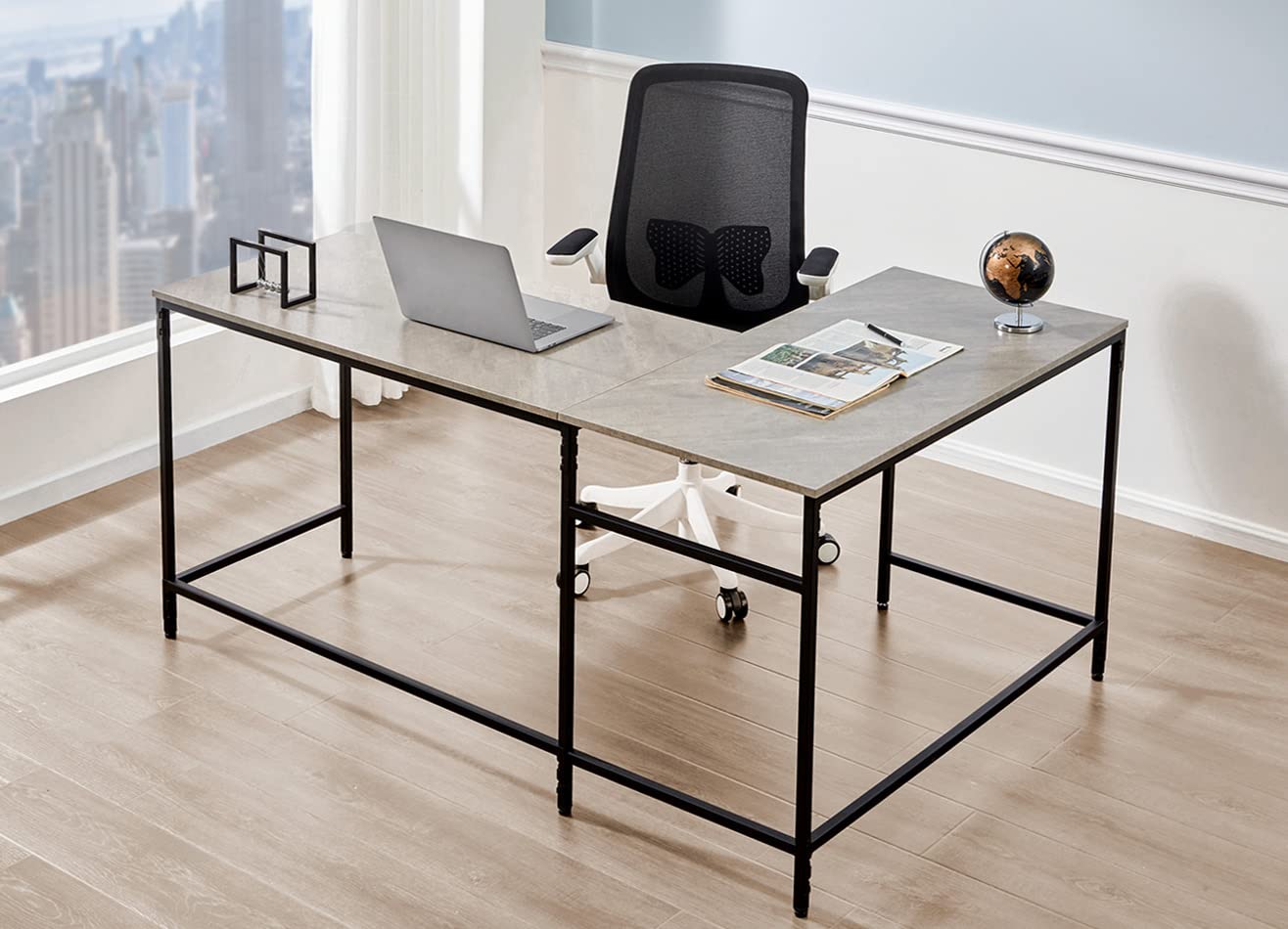 WOHOMO L Shaped Home Office Desk, Quick Lock Large Computer Corner Desk for Home Office Modern Simple Study Writing Table Desk Easy Assembly, Gray Marble