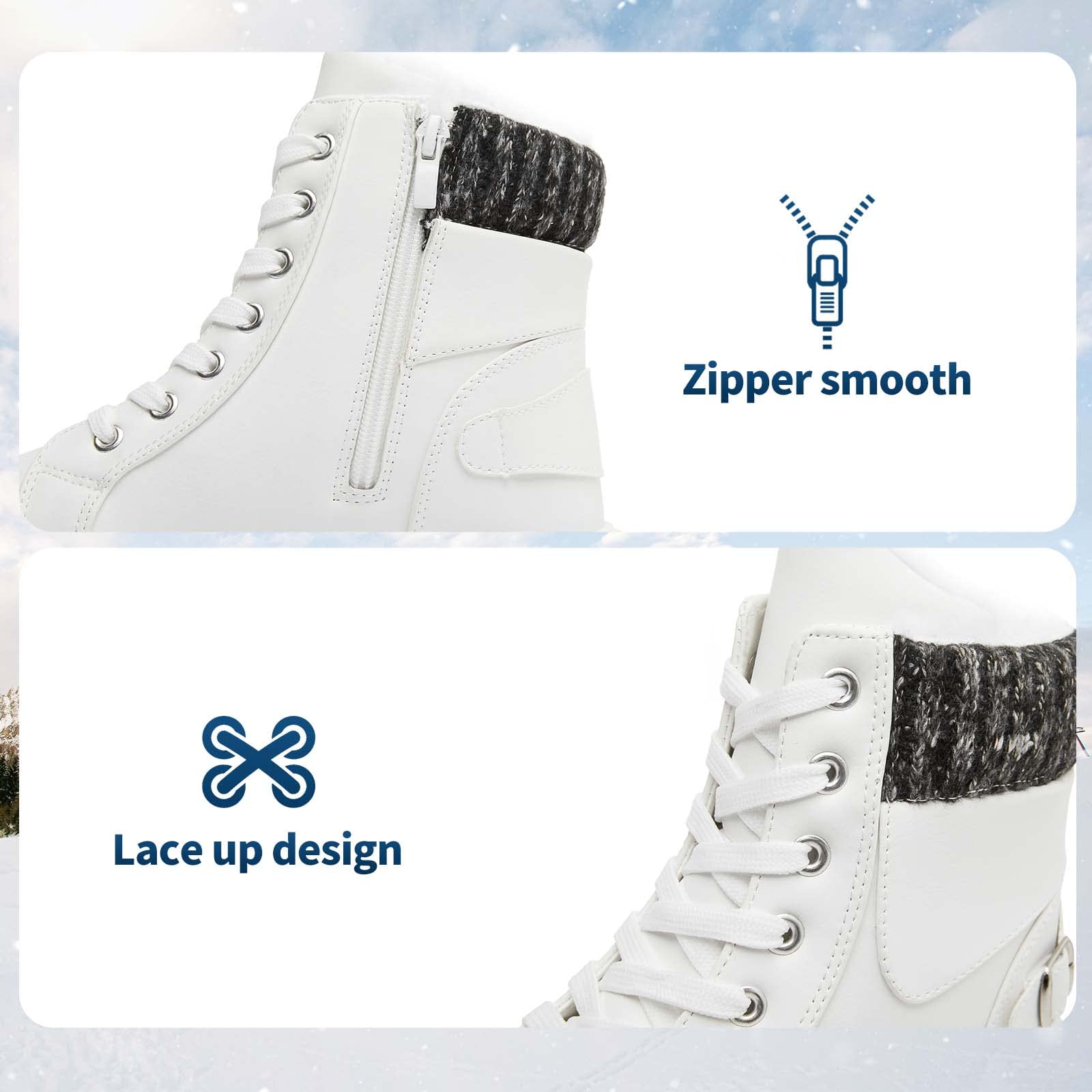 XRH Women Lace Up Combat Boot Winter Snow Boots Warm Fur Lined Ankle Booties Waterproof Hiking Boot for Women Non Slip Leather Boot Shoes(White.US10)