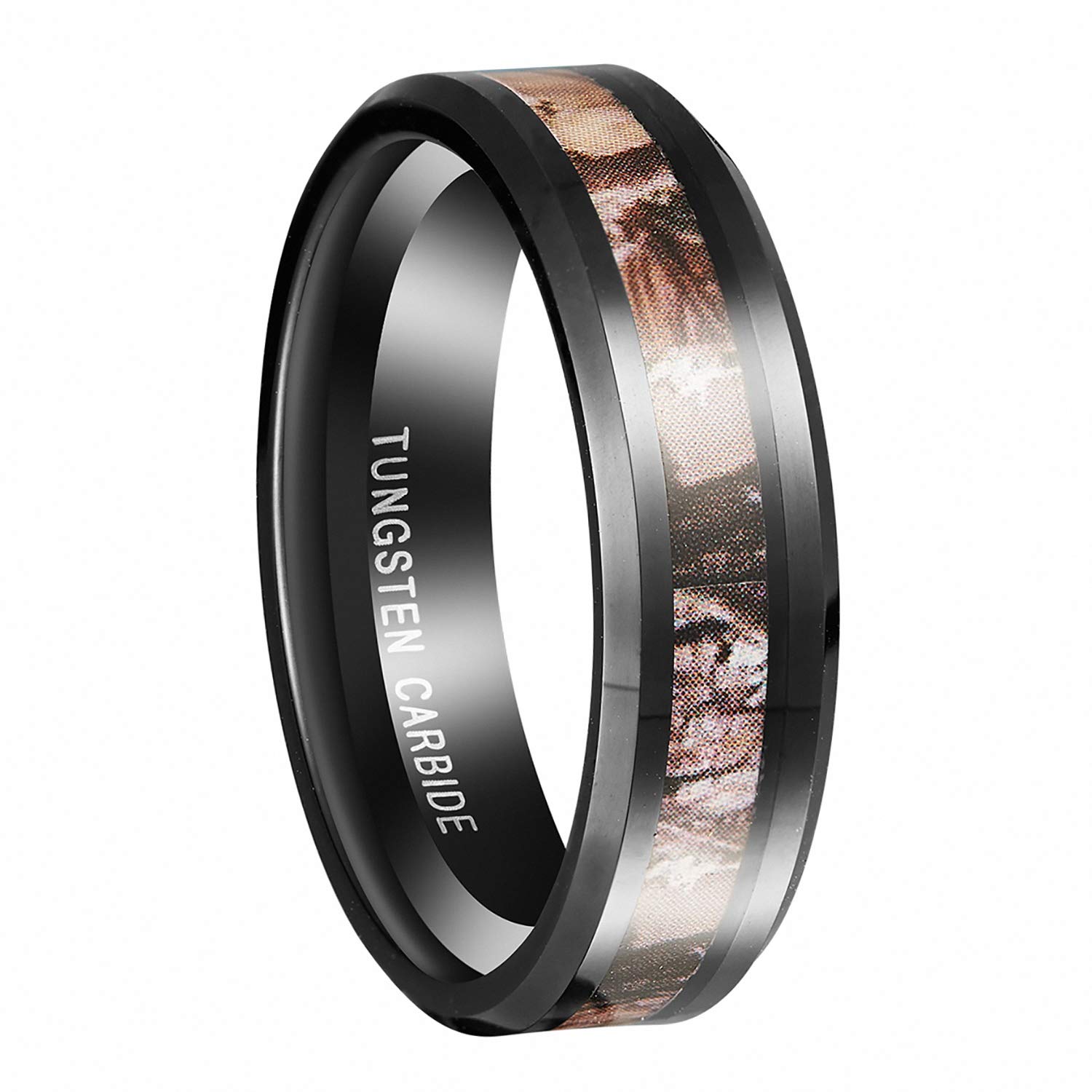 QUEENWISH 6mm Black Tungsten Camo Wedding Rings For Men & Women Hunting Camouflage Inlay Engagement Couples Jewelry Band Beveled Edges Comfort Fit