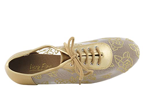 Very Fine Dancesport Shoes - Ladies' Practice, Salsa, Latin Ballroom Dance Shoes - Classic 2002-1.5-inch Heel & Canvas mesh Shoe Bag (Light Gold Leather & #79 Mesh, Size 7.5)