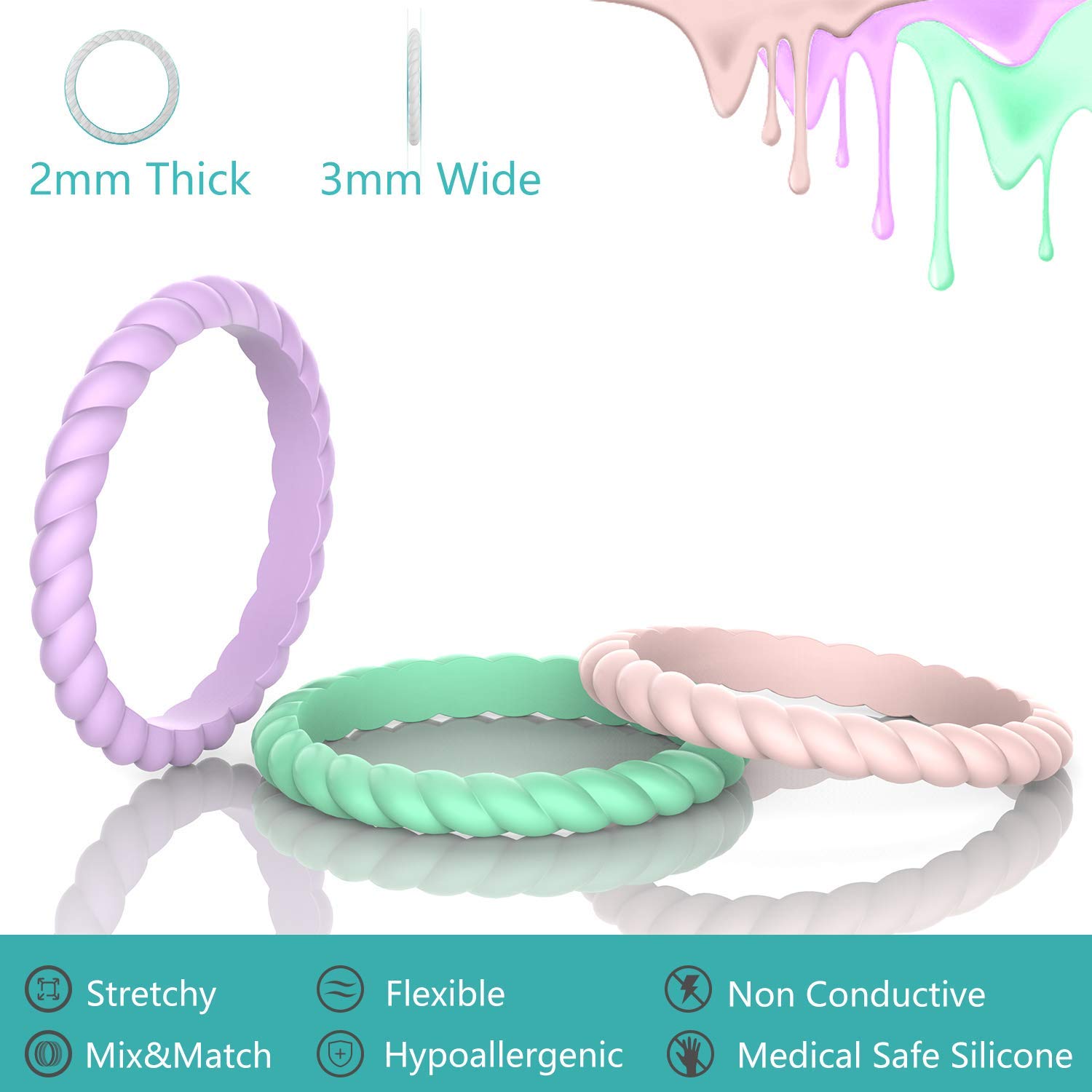 Zollen 12 Packs Silicone Wedding Rings for Women, Thin Braided Rubber Wedding Bands Stackable Ring, Hypoallergenic Silicone, Size 6