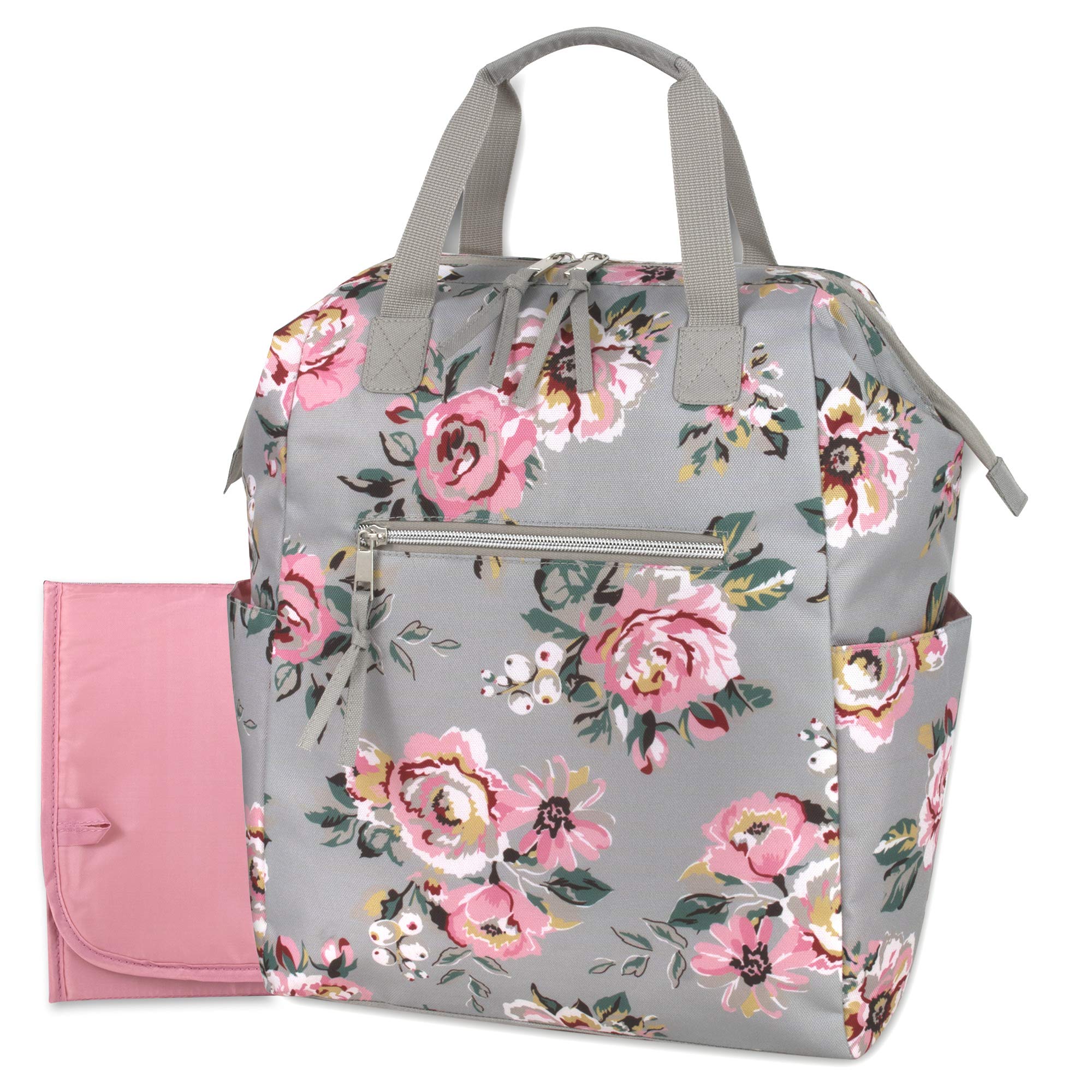 Wide Open Frame Diaper Bag Backpack and Nappy Travel Bag Tote with Changing Pad, Stroller Straps (Floral Frenzy)