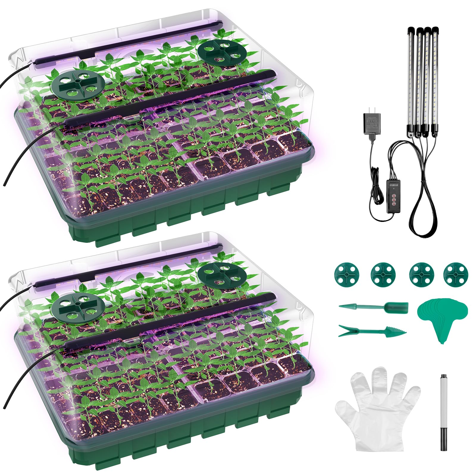 ZMHOO 2PCs Seed Starter Trays with Humidity Domes 96 Cells Seedling Starter Kit with Adjustable Grow Light Plant Starter Kit&Base with 2 Garden Tools&20 Plant Labels Mini Greenhouse Germination