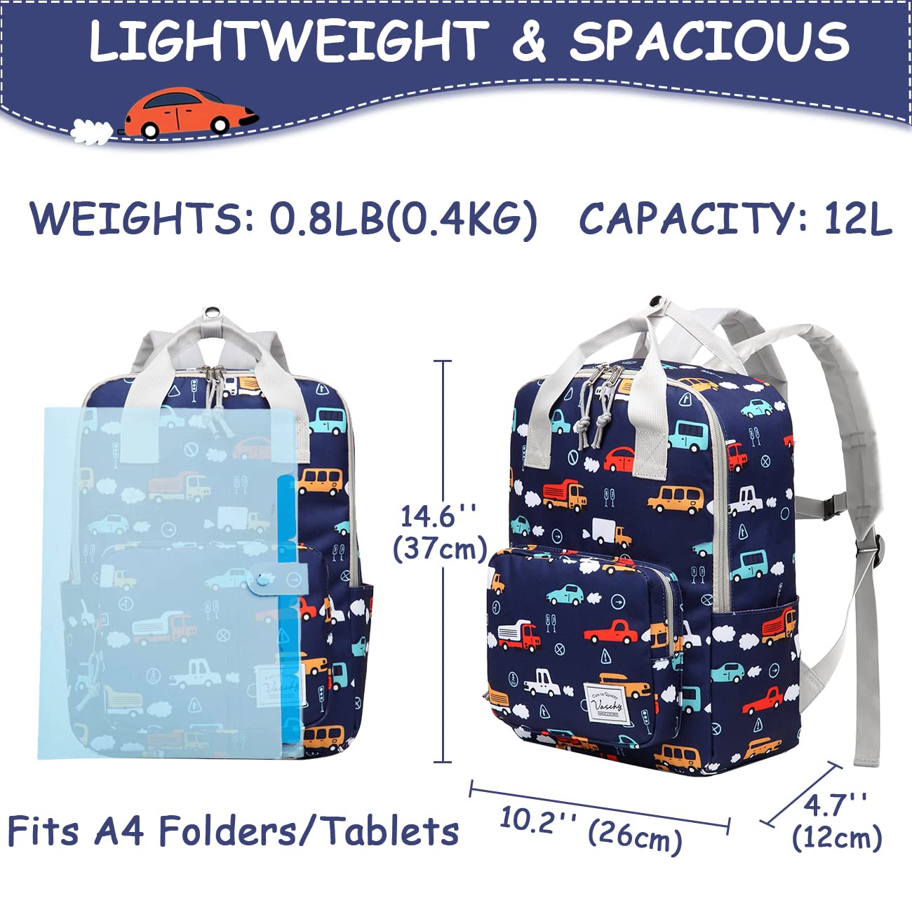 VASCHY Toddler Kids Backpack, Little Boys Lightweight Cute Top Handle Preschool Backpack Tablet Bag for Daycare Kindergarten Vehicles