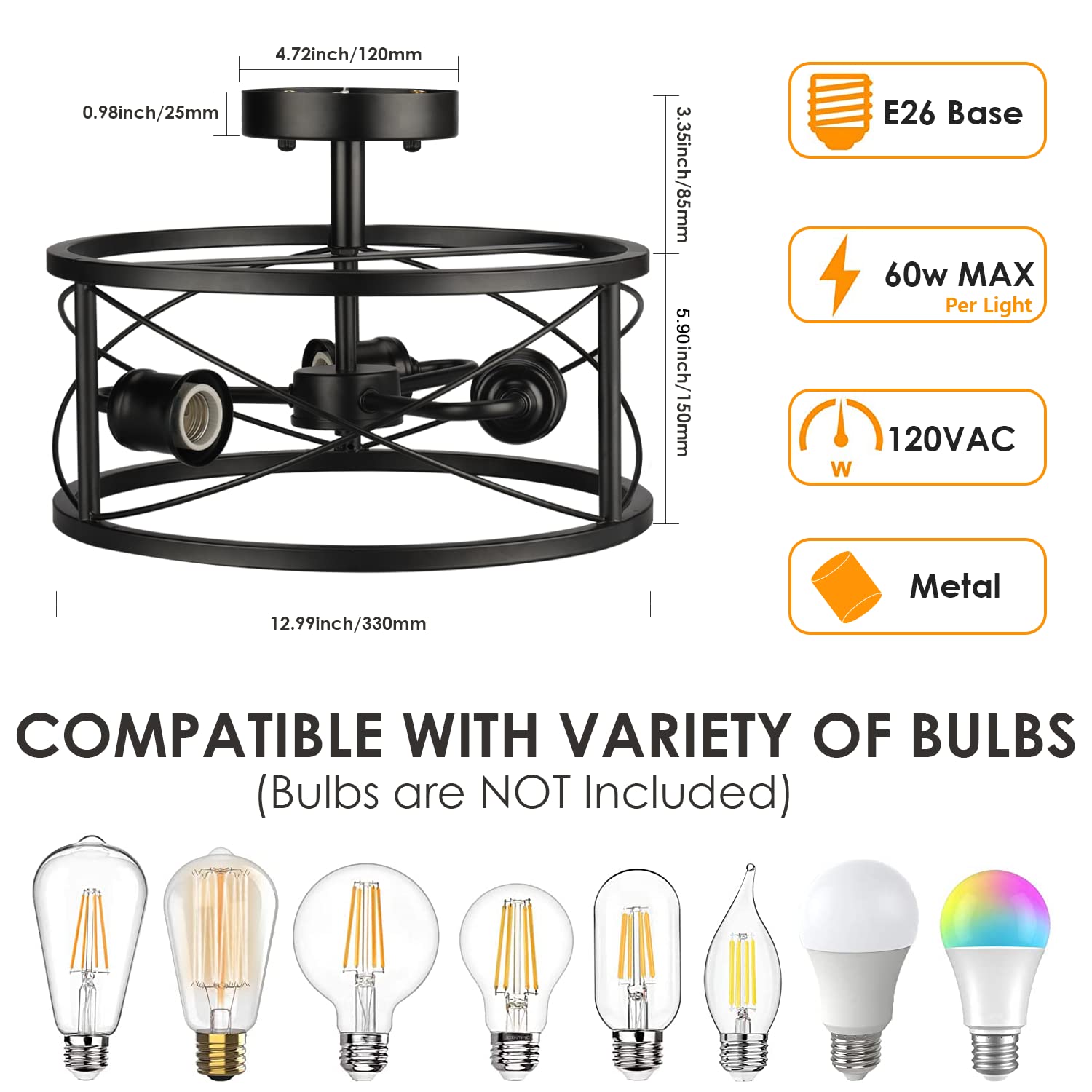 SunRider Industrial 3-Light Semi Flush Mount Ceiling Light, Modern Farmhouse Lighting Fixture with Metal Cage, Black Retro Pendant Lamp for Hallway