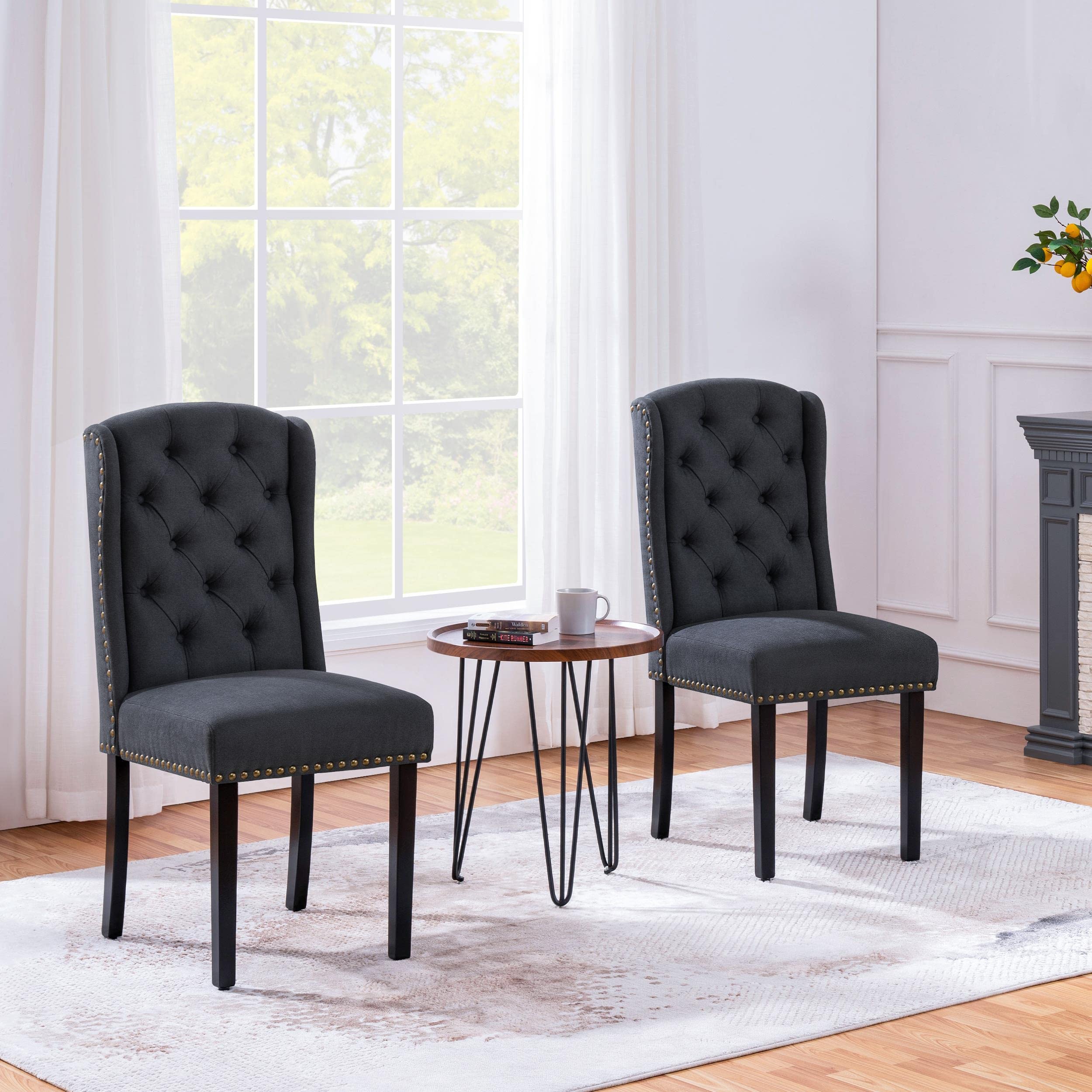 Yaheetech Dining Chairs Upholstered Fabric Chairs Tufted Kitchen Chairs with Solid Wood Legs, Nailhead Trims and Wing Design for Dining Room Kitchen and Restaurant, Set of 2, Gray