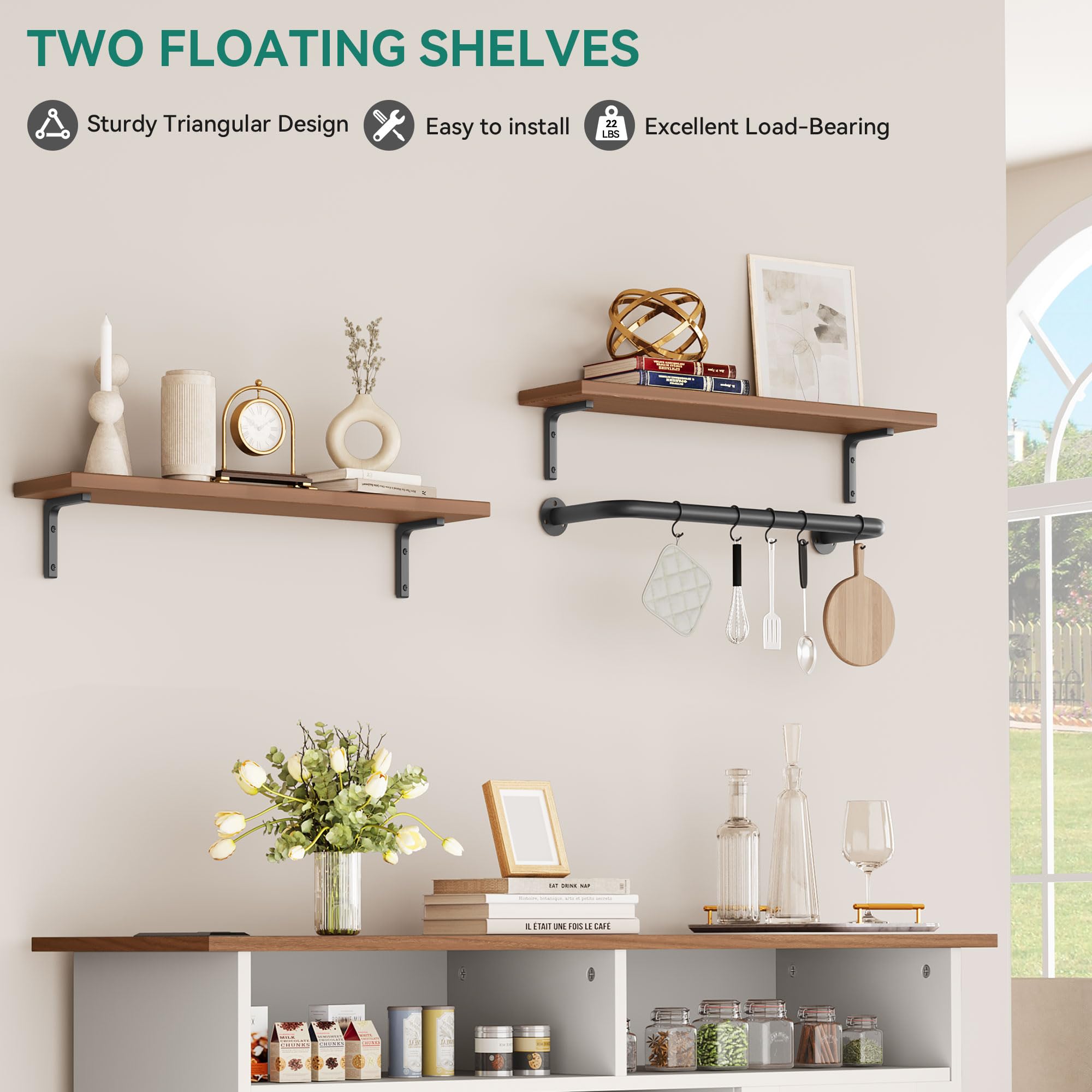 YITAHOME Farmhouse Coffee Bar Cabinet, 47" Wine Bar Cabinet Floating Shelf Hanging Rod Power Outlets, Sliding Barn Door Sideboard Buffet Cupboard Liquor Pantry for Kitchen, Dining Living Room