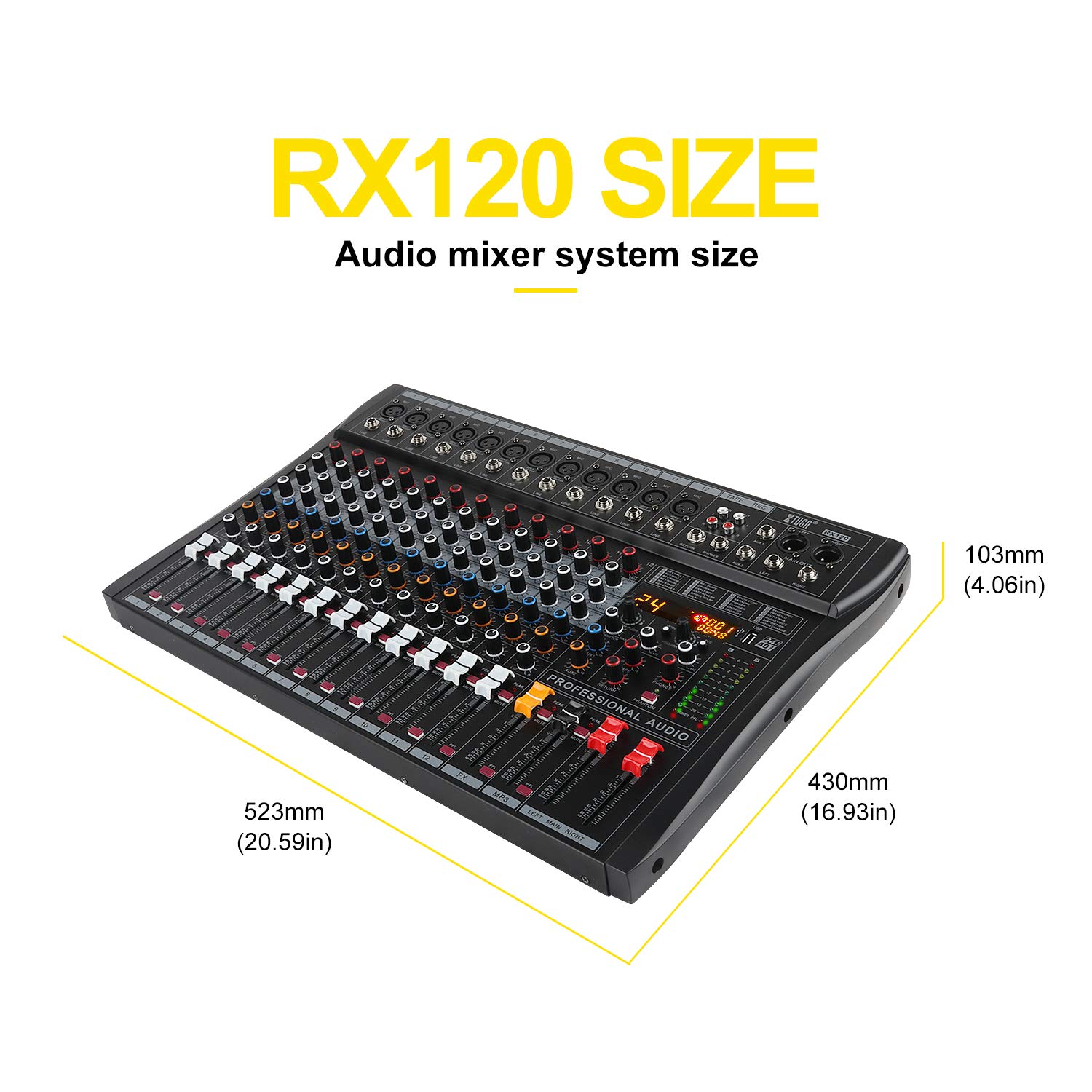 XTUGA RX120 USB 12-Channel Professional Audio Mixer Sound Card Built-in 24-bit DSP Digital Effect with Recordable Function and Digital Display MP3,Bluetooth,EQ,Effects (black)