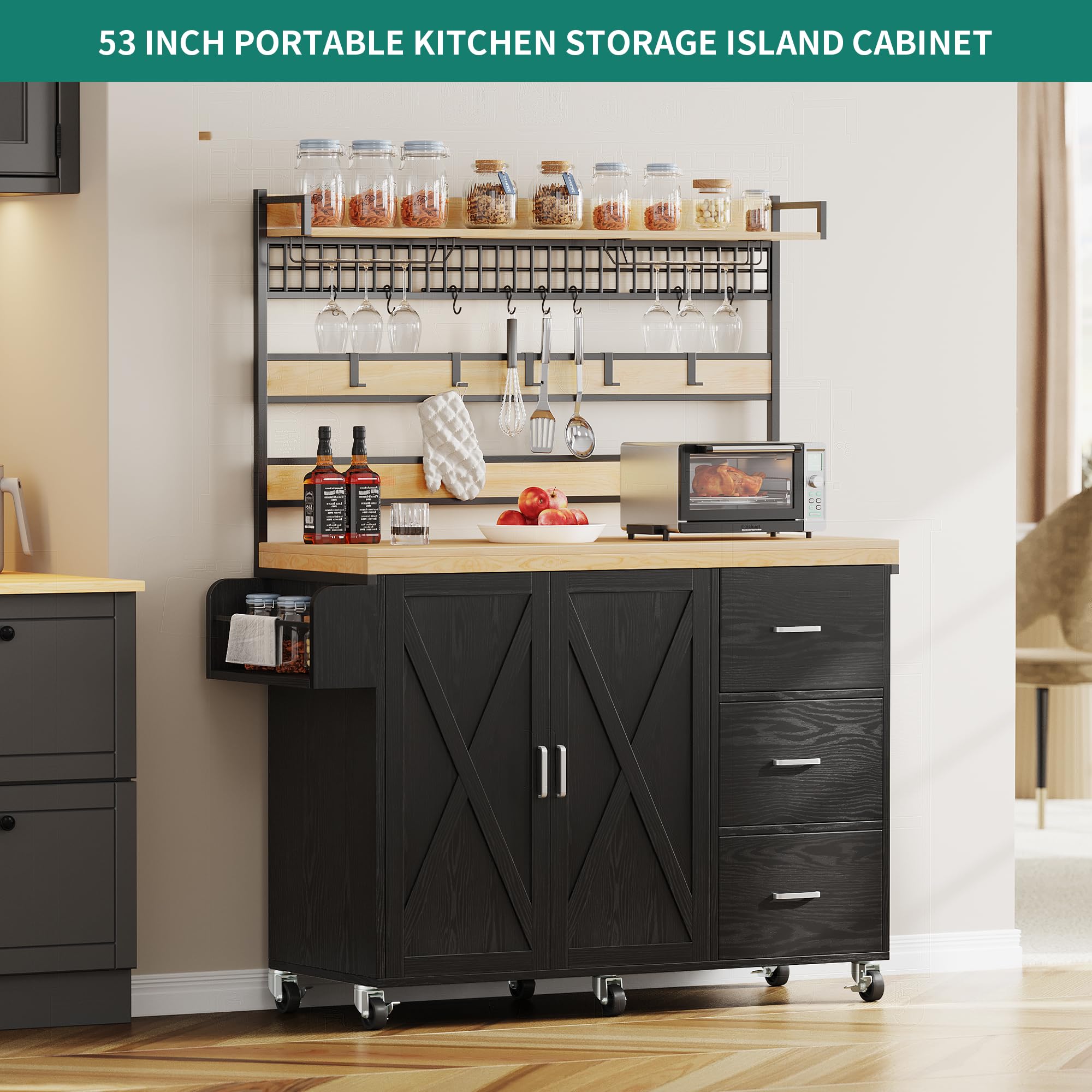 YITAHOME Large Rolling Kitchen Island with Storage Cabinet Drawer Tall Shelf, 53 Inch Big Portable Mobile Baker Rack Cart Movable on Wheels Thick Counter Glass Holder Hooks Spice Rack, Black & Oak