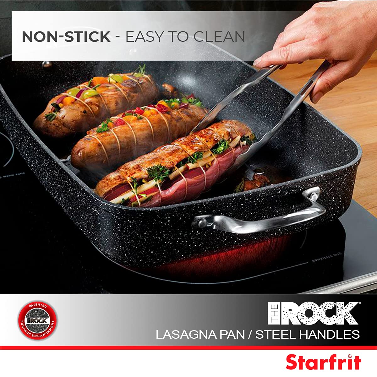 THE ROCK by Starfrit Oven Dish with Stainless Steel Handles, 10" x 13" x 2.5" Oblong, Black