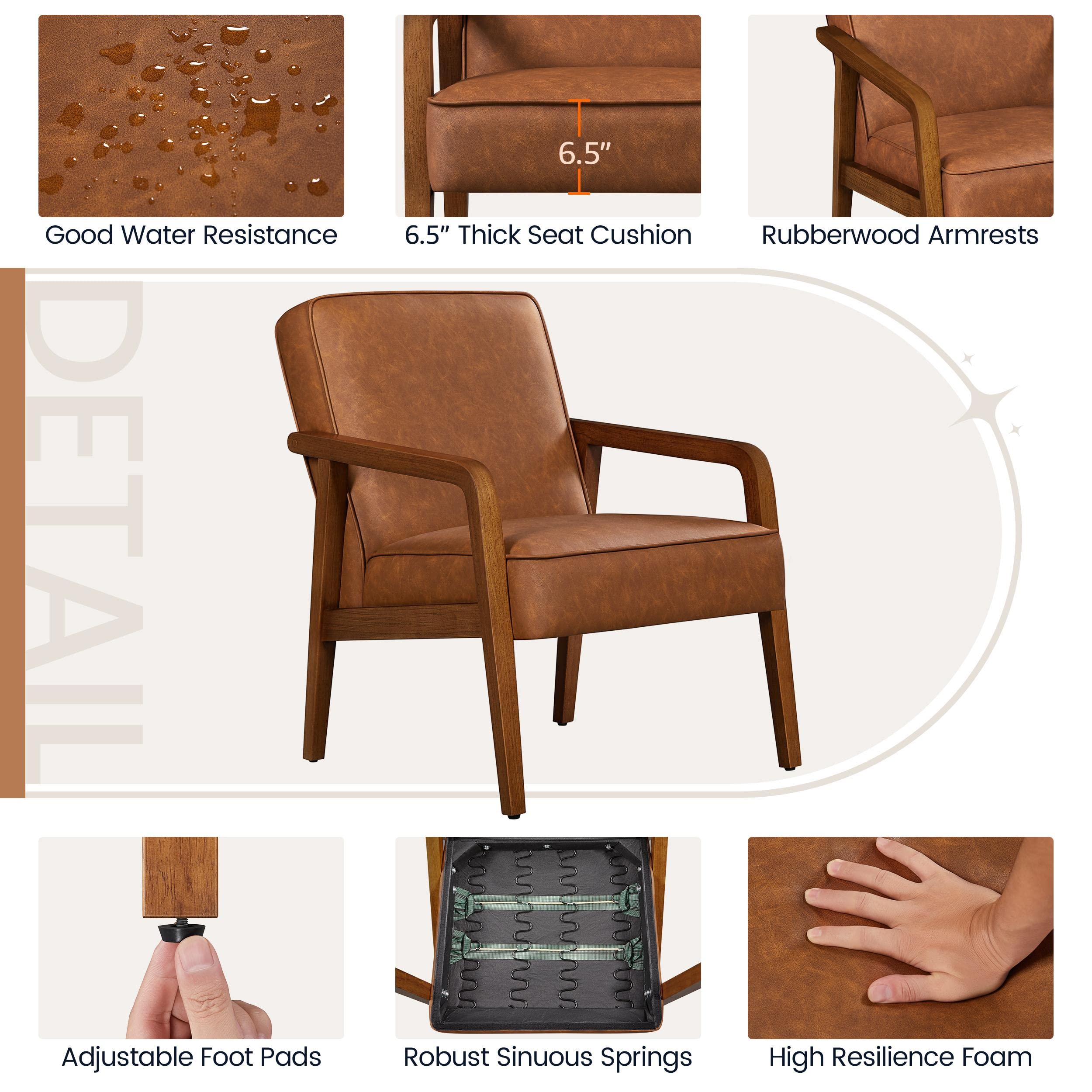 Yaheetech PU Leather Accent Chair, Mid-Century Modern Barrel Chair with Wooden Frame and Soft Thick Padded for Living Room Bedroom Home Office, Light Brown