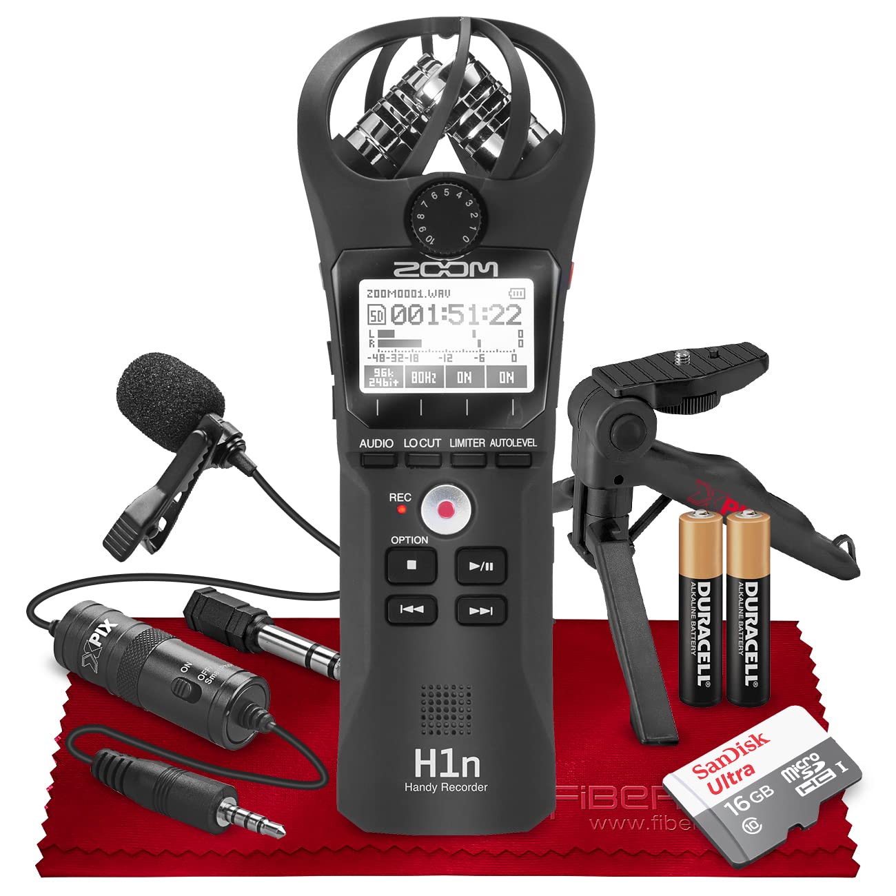 Zoom H1n Digital Handy Portable Recorder and 16GB Deluxe Accessory Bundle with Xpix Pro Lavalier Mic + Tripod + AAA Batteries + Fibertique Cloth