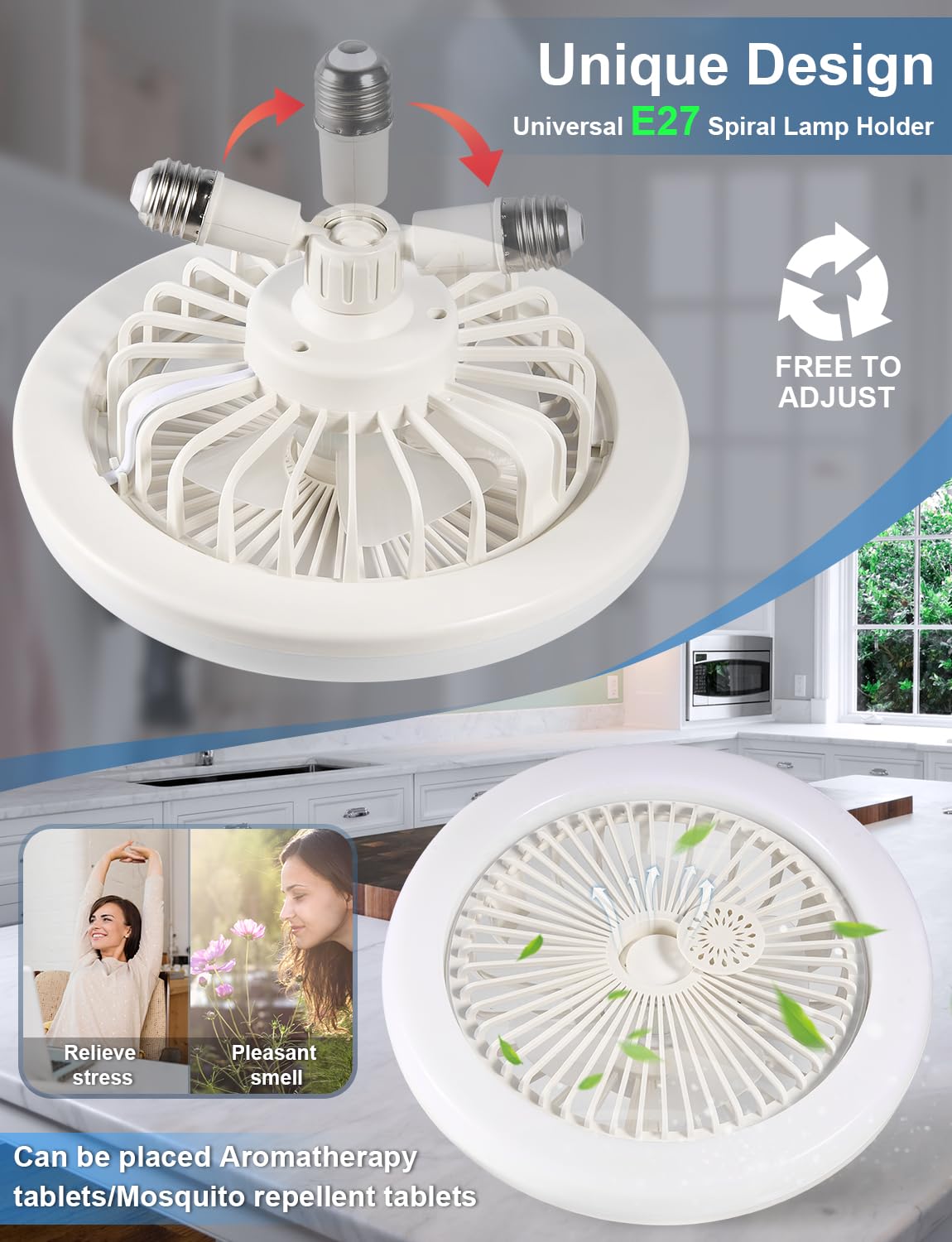 VONFAME Enclosed Ceiling Fan with Light and Remote Small 10-inch E27 Bladeless Ceiling Fans Dimmable LED Lights 3 Gear Wind Speeds Family Summer Gift for Garage Tool Room and Store Room