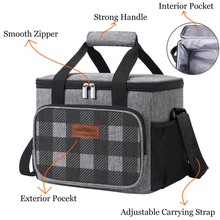 ToteTastic Lunch Bag for Women/Men, Insulated Reusable Lunch Box, LeakProof Lunch Tote Bag with Adjustable Shoulder Strap, Front Zipper Pocket and Dual Large Side Pockets for Work/Picnicl(9L,Plaid)
