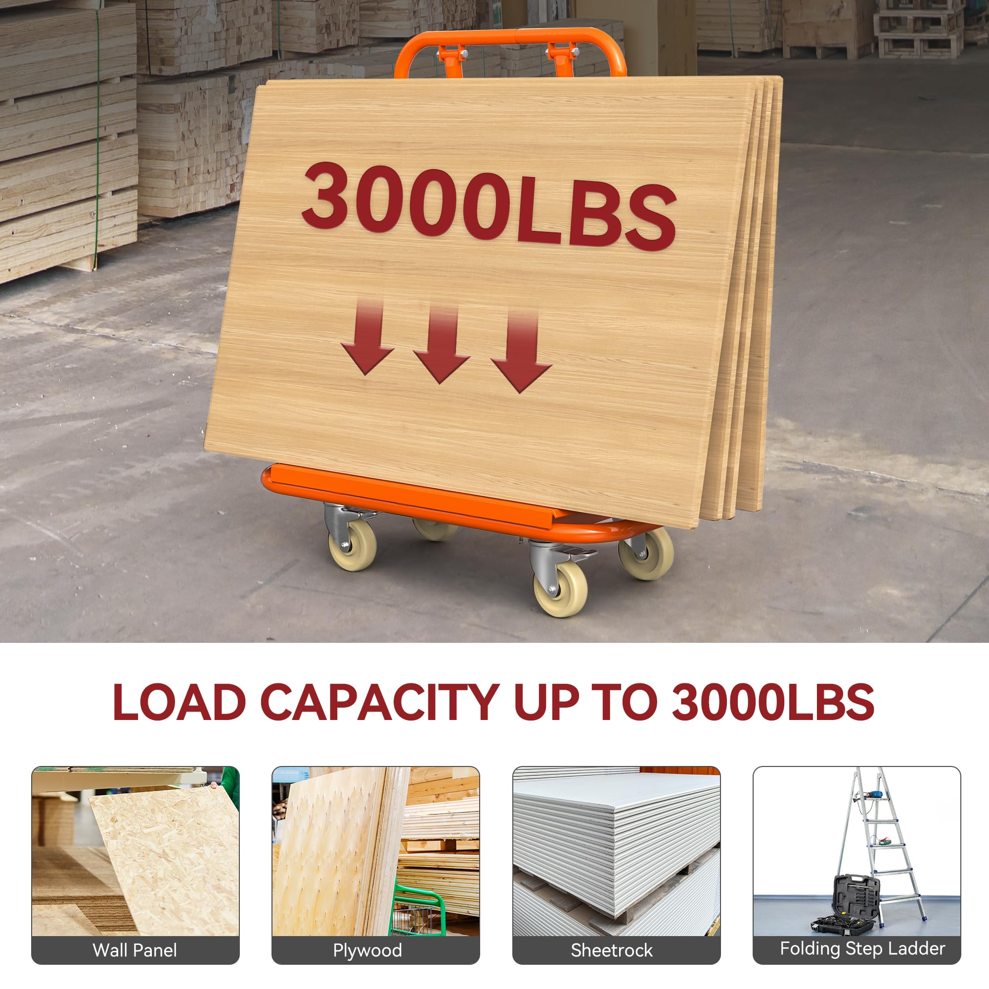 YITAMOTOR Drywall Cart, 3000lbs Heavy Duty Drywall Sheet Cart 45.3" L × 22.4" W × 46" H with 4 Swivel Wheels Panel Cart Sheetrock Dolly Drywall Dolly for Wall Panel, Sheetrock, Wood Panel