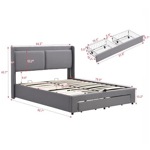 WOXYX Queen Size Platform Bed,Storage Upholstered Hydraulic Beds Frame with 2 Drawers,Grey