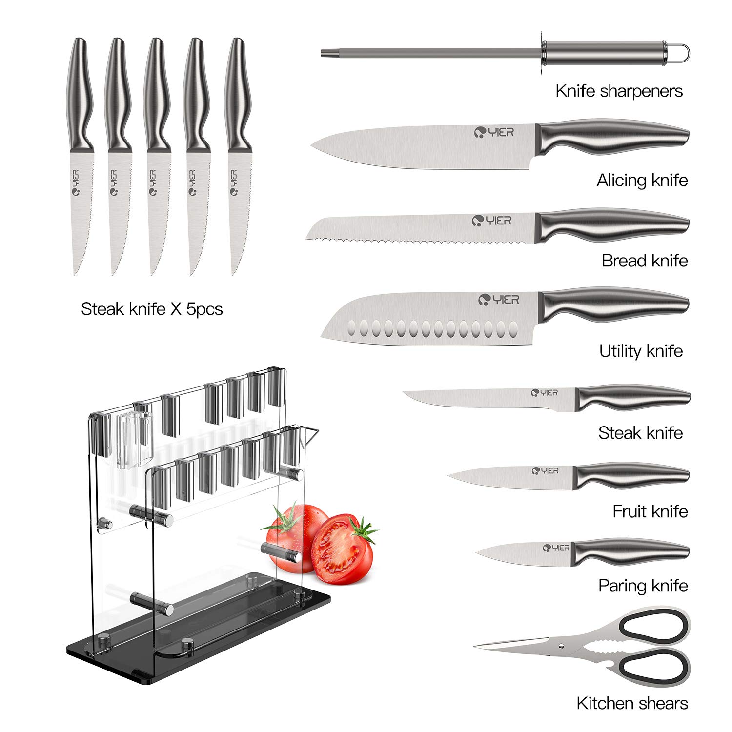 YIER Knife Sets,15 Pieces German High Carbon Stainless Steel Hollow Handle Self Sharpening Kitchen Knife Set with Finger Protection&Acrylic Stand-Best