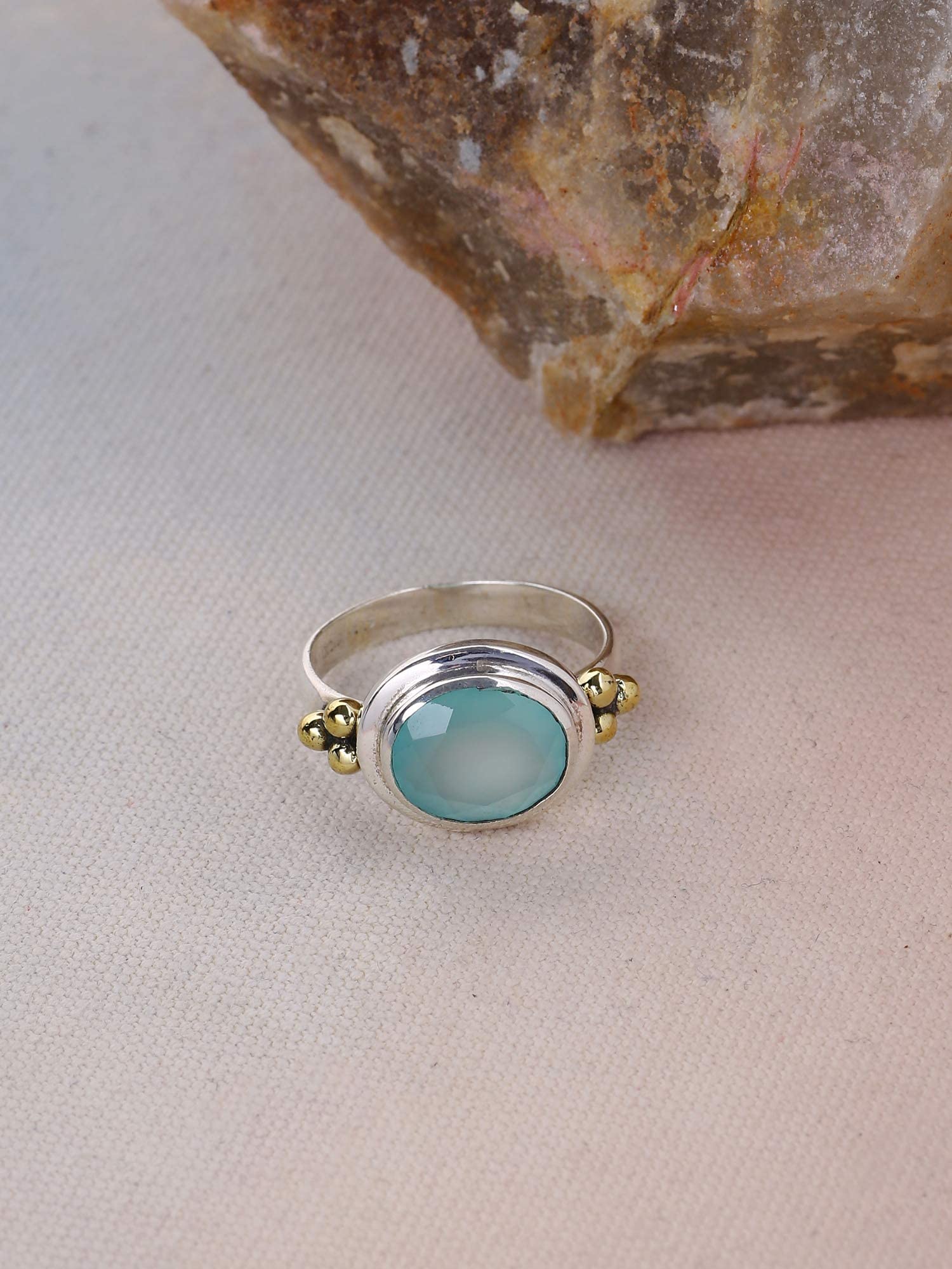 YoTreasure Aqua Chalcedony 925 Sterling Silver Ring with Brass Accents