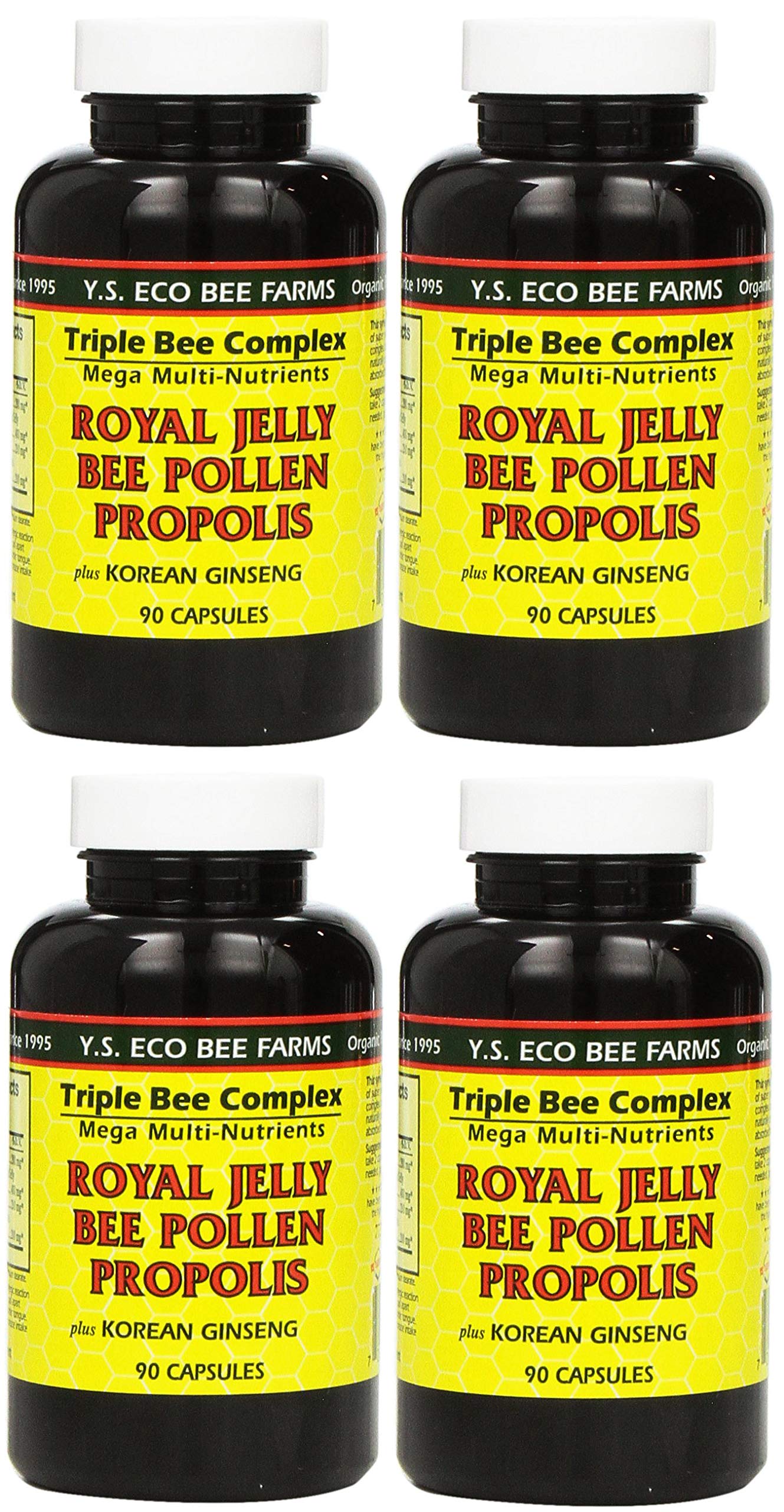 Y.S. Eco Bee Farms, (4 Pack) Royal Jelly, Bee Pollen, Propolis, Plus Korean Ginseng, 90 Capsules