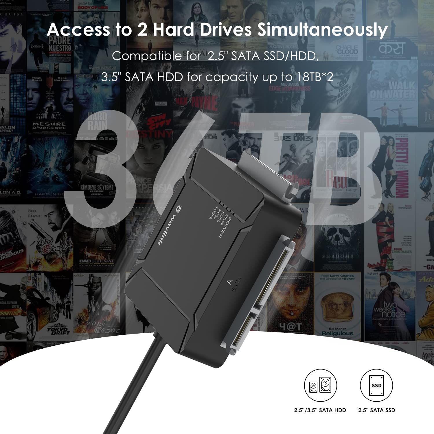 WAVLINK USB 3.0 to Dual Bay SATA Adapter, External 2.5" 3.5'' SATA Hard Drive Connector with 2 USB3.0 Ports and Offline Cloning Function for Files Transfer & Backup (2x18 TB & UASP Supported)
