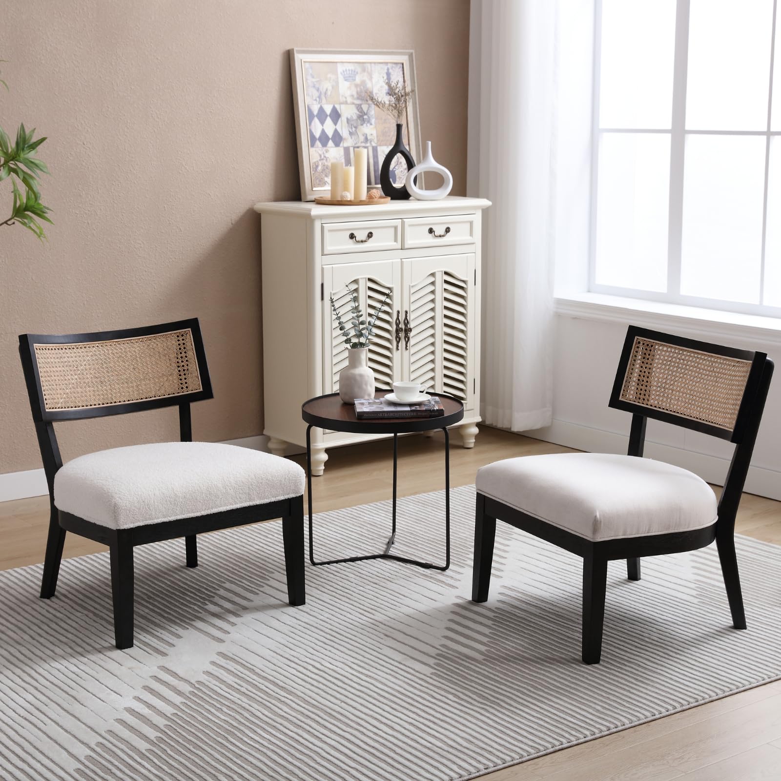 ZSARTS Modern Rattan Accent Chairs, White Sherpa Armless Upholstered Chairs with Cane Back Reading Chairs Lounge Chairs for Living Room/Bedroom/Reception, White…