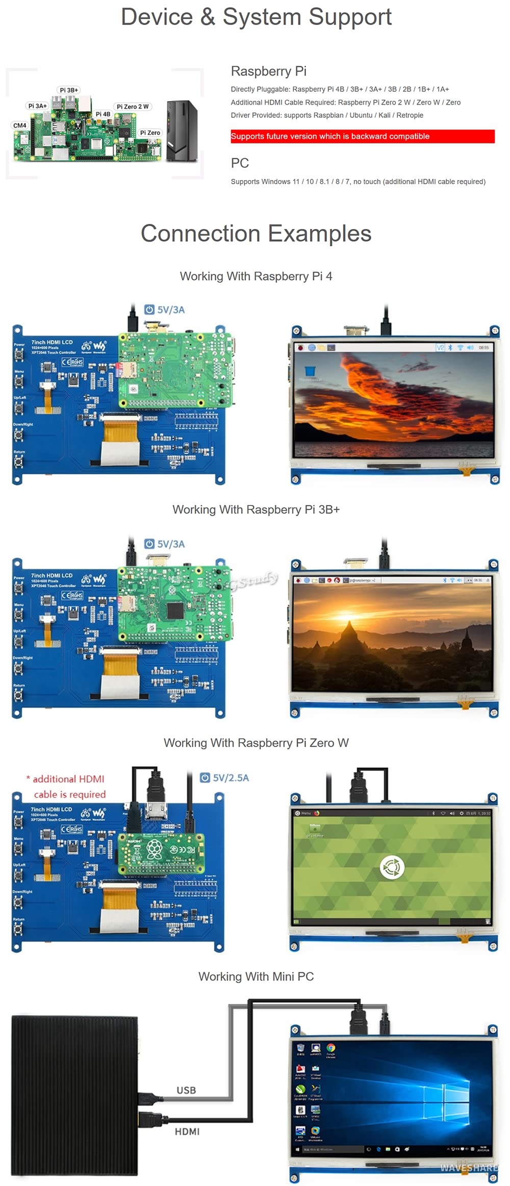 XYGStudy for Raspberry Pi 7 inch IPS 1024×600 Resistive Touch Screen Monitor LCD HDMI Interface SPI Supports Supports Mini PC Raspberry Pi 4B/3B+/3B/3A+/2B/B+/A+ Zero WH/Zero W/Zero