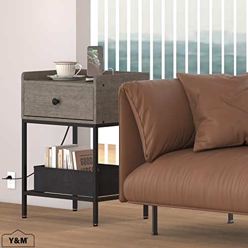 Y&M Nightstand with Charging Station and USB Ports, Side End Table with Drawer, Modern Bedside Tables Night Stand Storage Shelf for Small Spaces, Bedroom, Living Room - Gray and Black