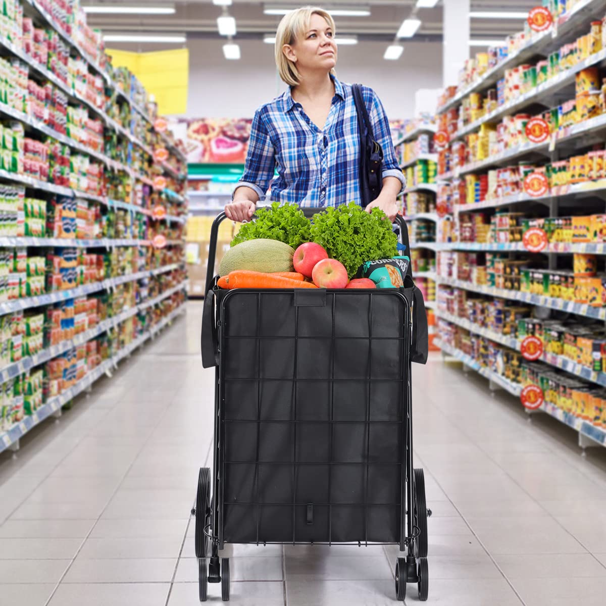 Upgraded Shopping Cart w/ 360° Swivel Wheels & Waterproof Basket Liner for Groceries, Shopping Laundry - Foldable Collapsible & Lightweight - Extra Large Heavy Duty Utility Cart