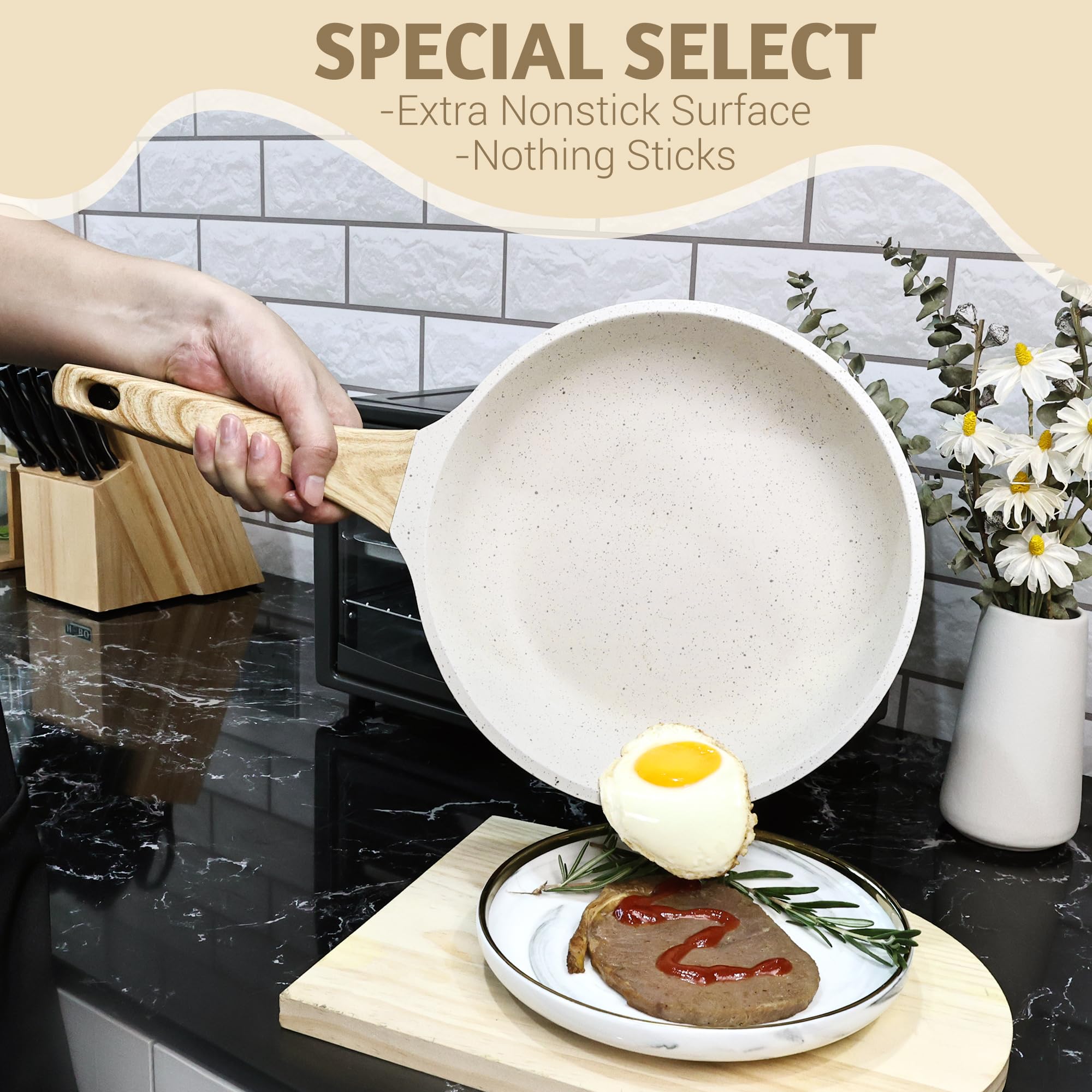 Wodillo Pots and Pans Set Nonstick, Beige Induction Kitchen Cookware Sets, Healthy Skillet Non Sticking Saute Pan & Saucepans(PFOS, PFOA Free)