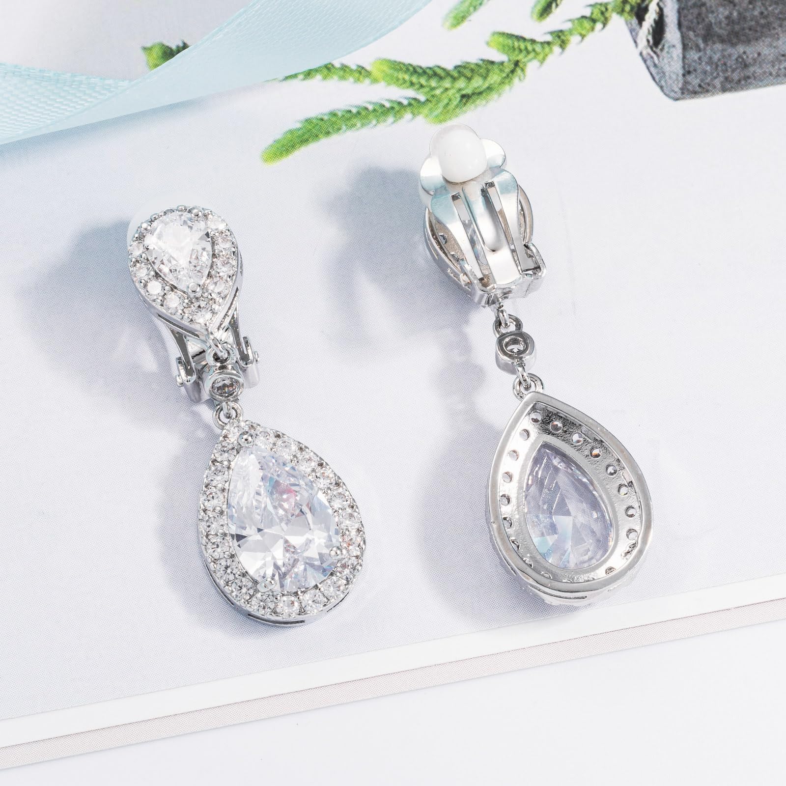 SELOVO Cubic Zirconia Wedding Bridal Clip on Teardrop Drop Earrings for Women Silver Tone