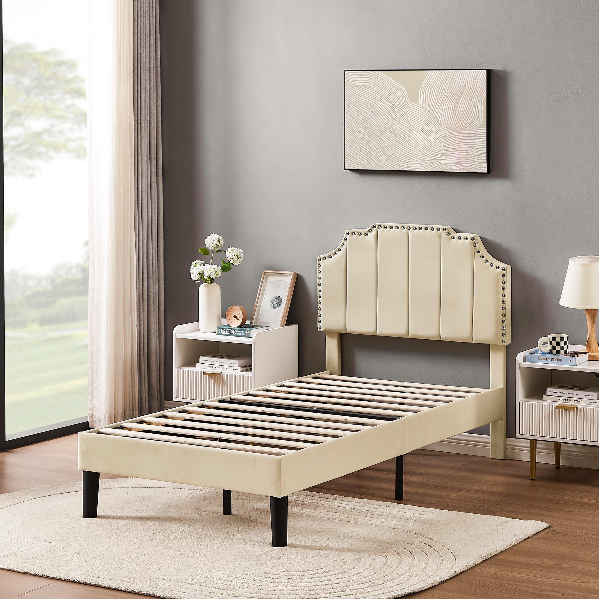 VECELO Twin Size Bed Frame Upholstered Platform with Tufted Adjustable Headboard/Mattress Foundation with Wood Slat Support, Easy Assembly,Honey Beige