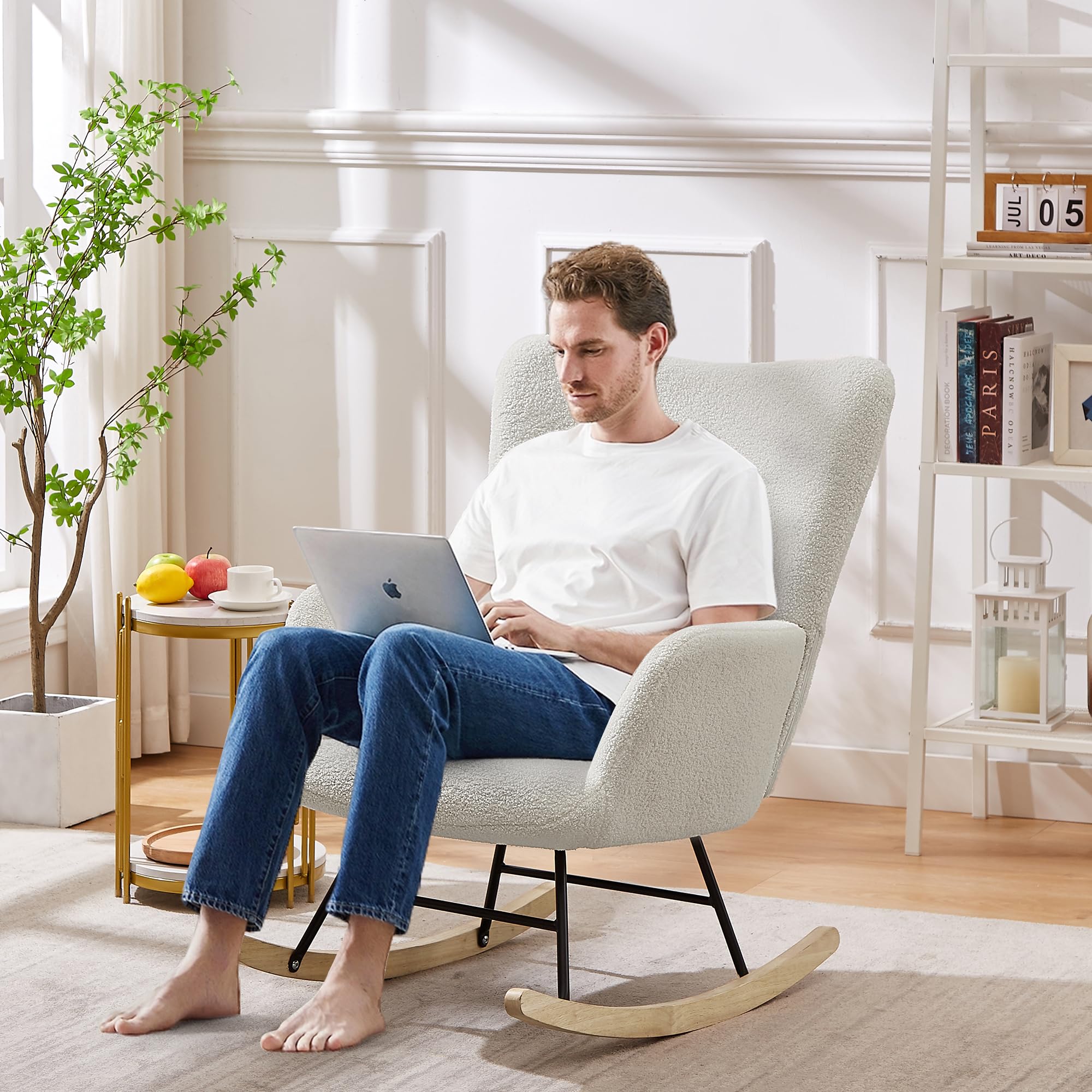 VECELO Rocking Chair, Modern Nursery Upholstered Glider Rocker Padded Seat with High Backrest Armchair with Pocket for Living Room, Bedroom, Offices, Balcony, White