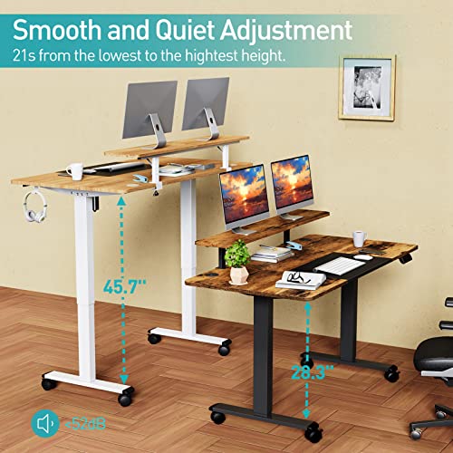 WOKA 55 x 28 Inch Electric Standing Desk with Wheels, Height Adjustable Stand up Desk with a Monitor Stand Riser, Standing Computer Desk with Memory Controllers, Adjustable Desks for Home Office