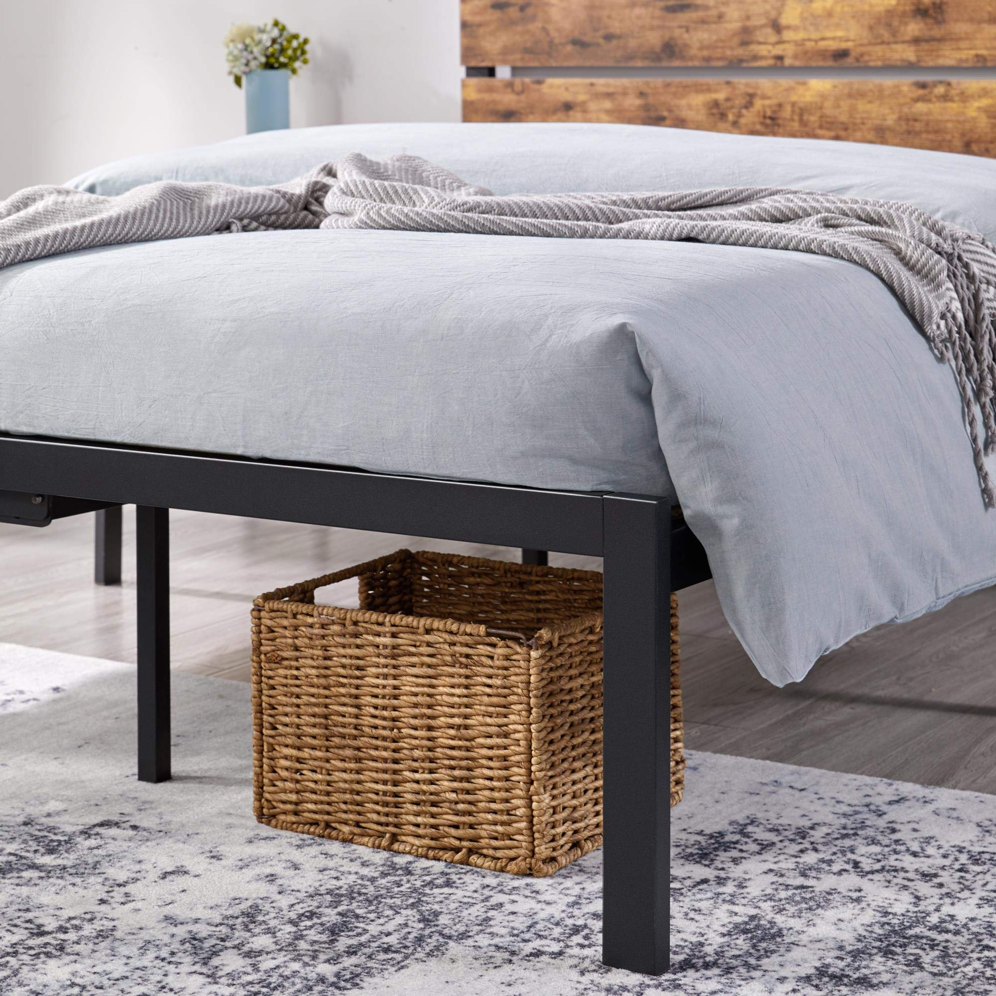 Yaheetech Queen Bed Frame Metal Bed with Modern Rustic Wooden Headboard, No Box Spring Needed/12'' Underbed Storage/Easy Assembly, Brown Queen Bed
